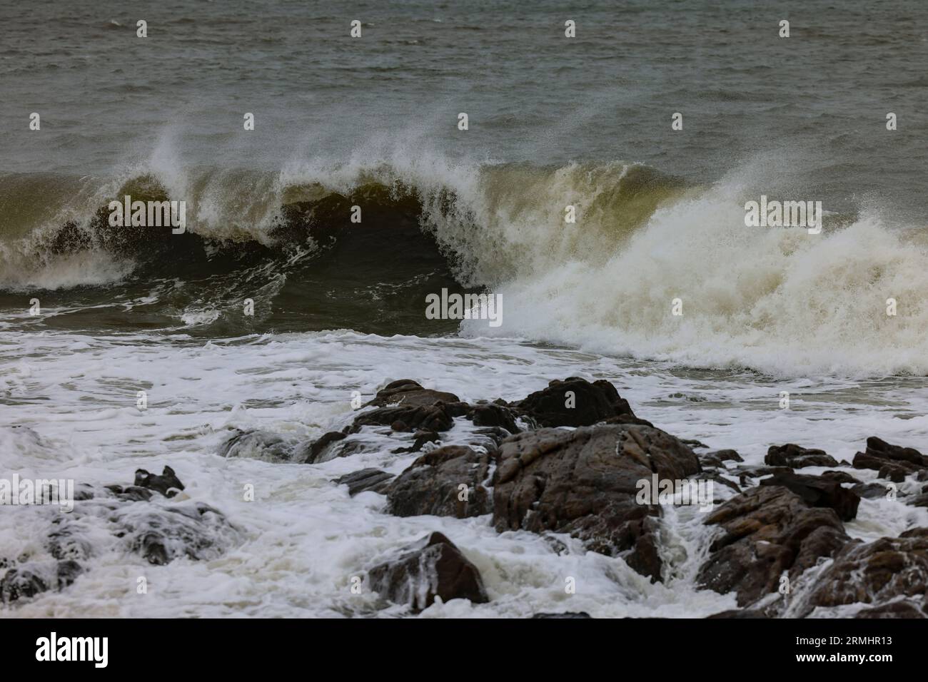 QINGDAO, CINA - 28 AGOSTO 2023 - onde ruvide si schiantano su una ...