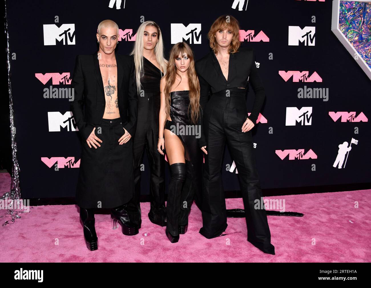 Damiano David, from left, Ethan Torchio, Victoria De Angelis, and Thomas Raggi of Maneskin ...