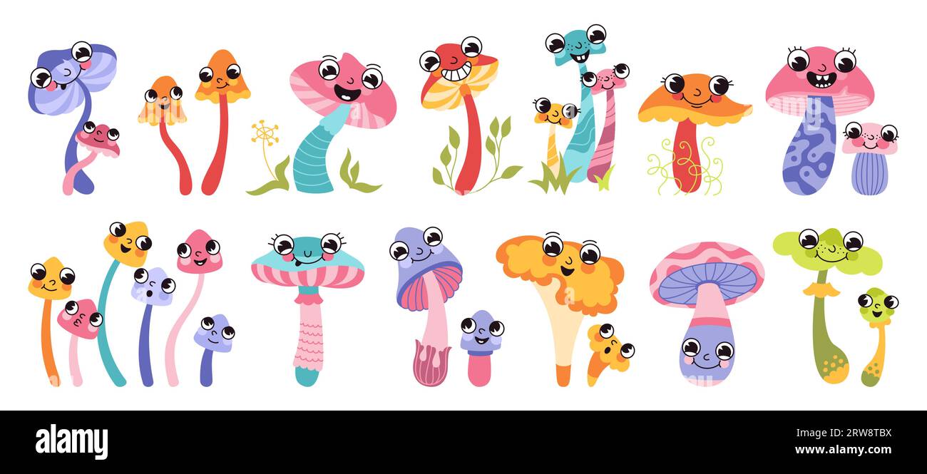 Funghi con volti da cartoni animati. Caricatura emozioni comiche funghi ...
