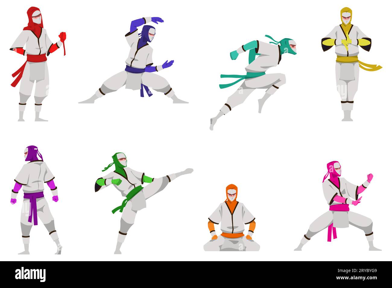 Cartone animato ninja. Guerriero giapponese. Pugni e calci. Diverse ...