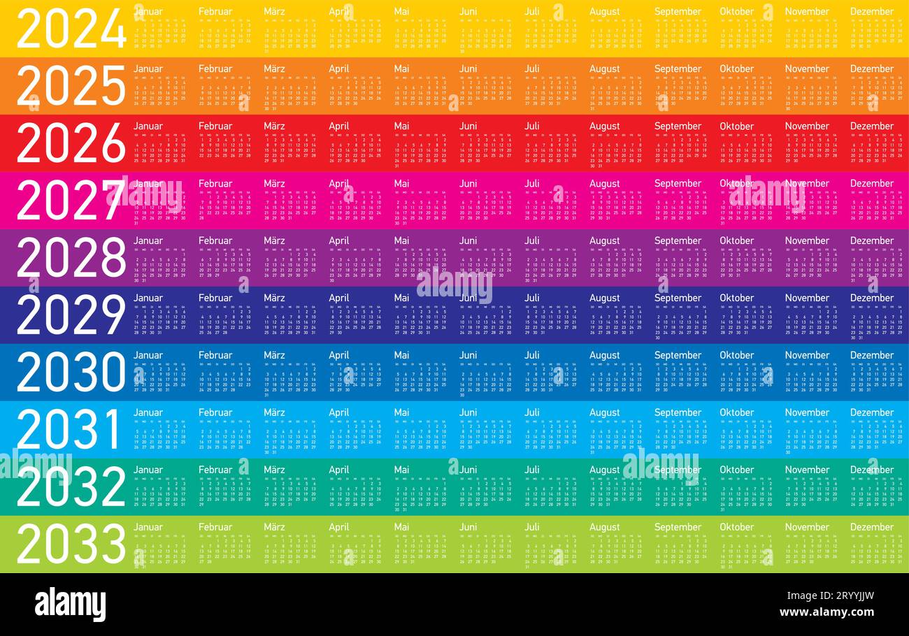 Calendario colorato per gli anni 2024, 2025, 2026, 2027, 2028, 2029 ...