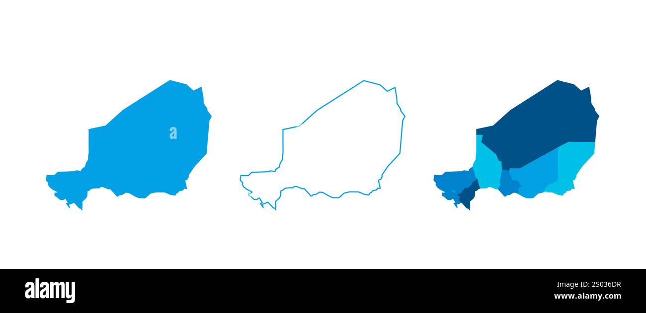 Insieme di tre mappe del Niger: Mappa solida, mappa di contorno e mappa ...