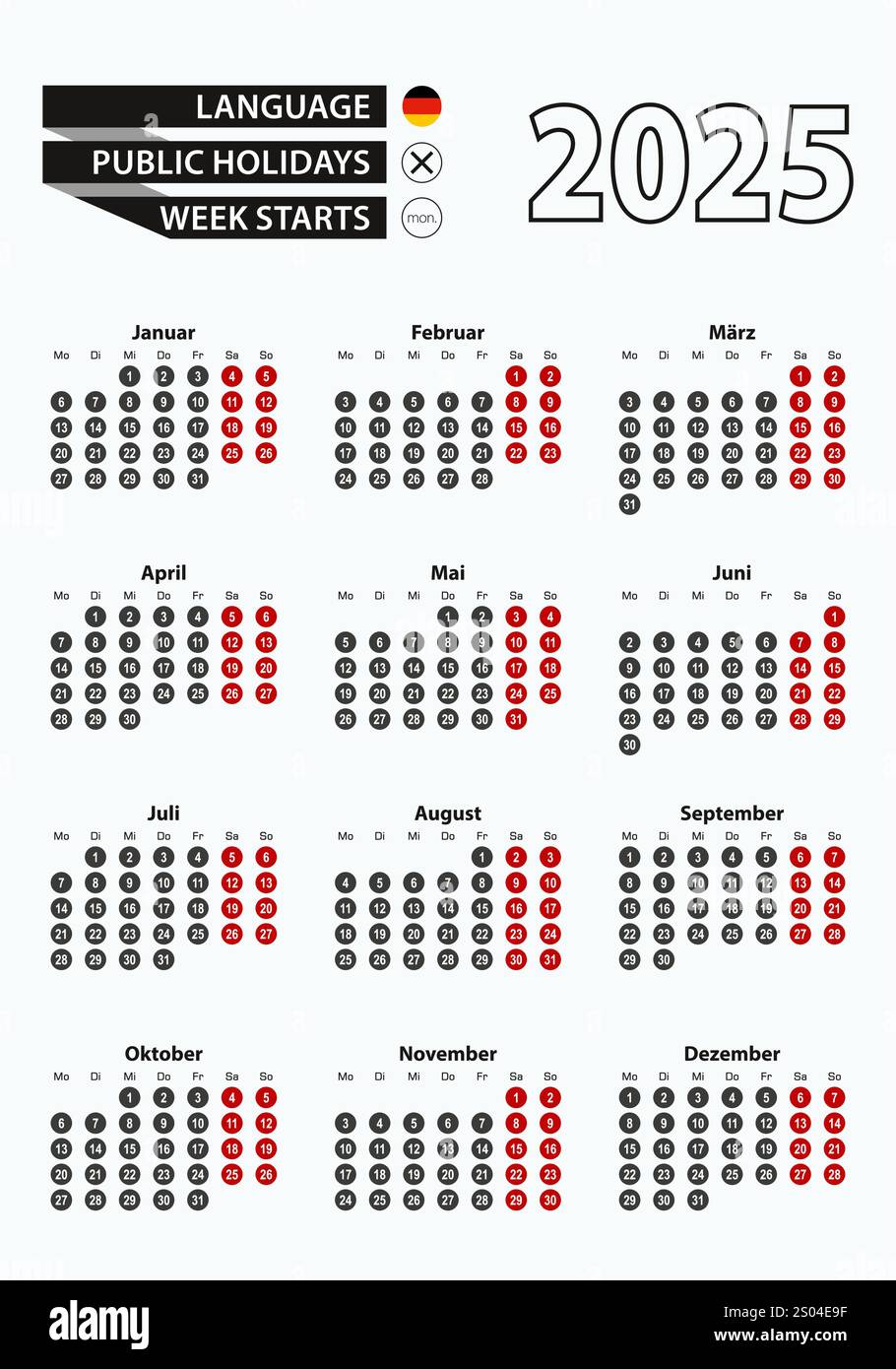 Modello vettoriale calendario 2025 con numero in cerchi, semplice ...