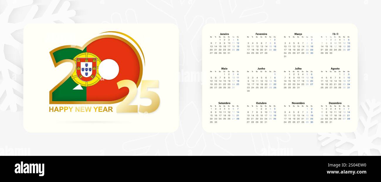 Calendario tascabile orizzontale 2025 in portoghese. Icona Capodanno ...