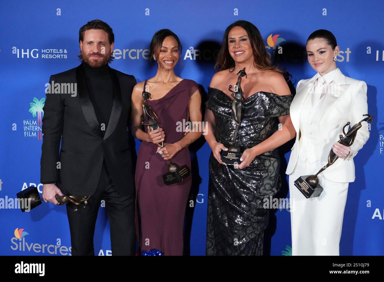 Edgar Ramirez, from left, Zoe Saldana, Selena Gomez, and Karla Sofia Gascon pose with the ...