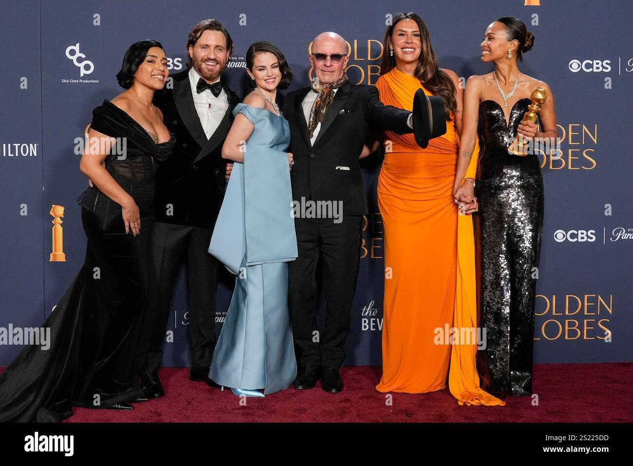 Adriana Paz, from left, Edgar Ramirez, Selena Gomez, Jacques Audiard, Karla Sofia Gascon, and ...