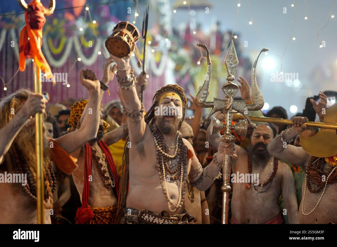 Swami Bhupender Giri, centre, Naga Sadhu of Niranjani Akhara, arrives ...