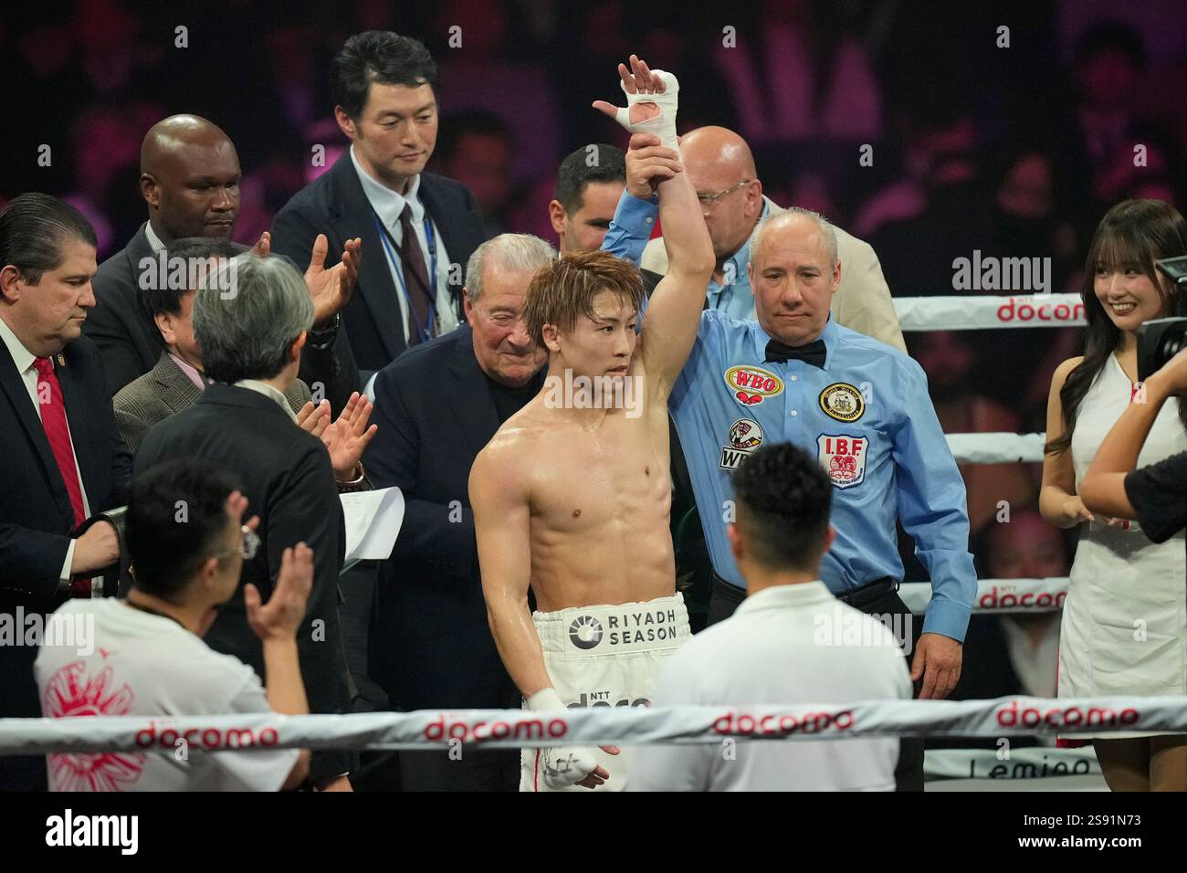 Japanese champion Naoya Inoue is declared as the winner after successfully defending his super ...