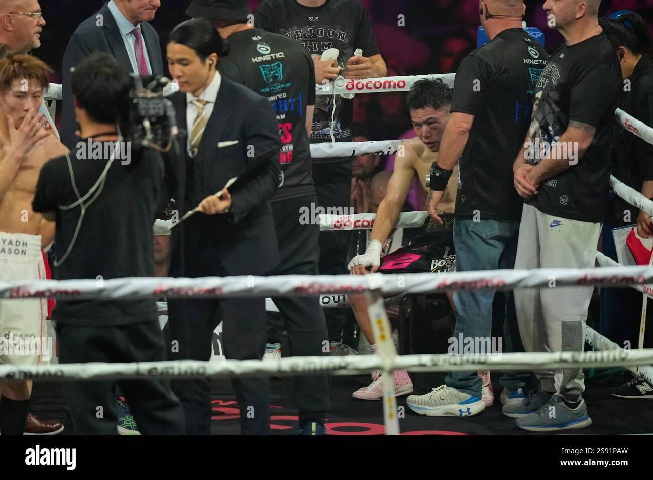 South Korea's Ye Joon Kim rests on his side of the ring after being ...