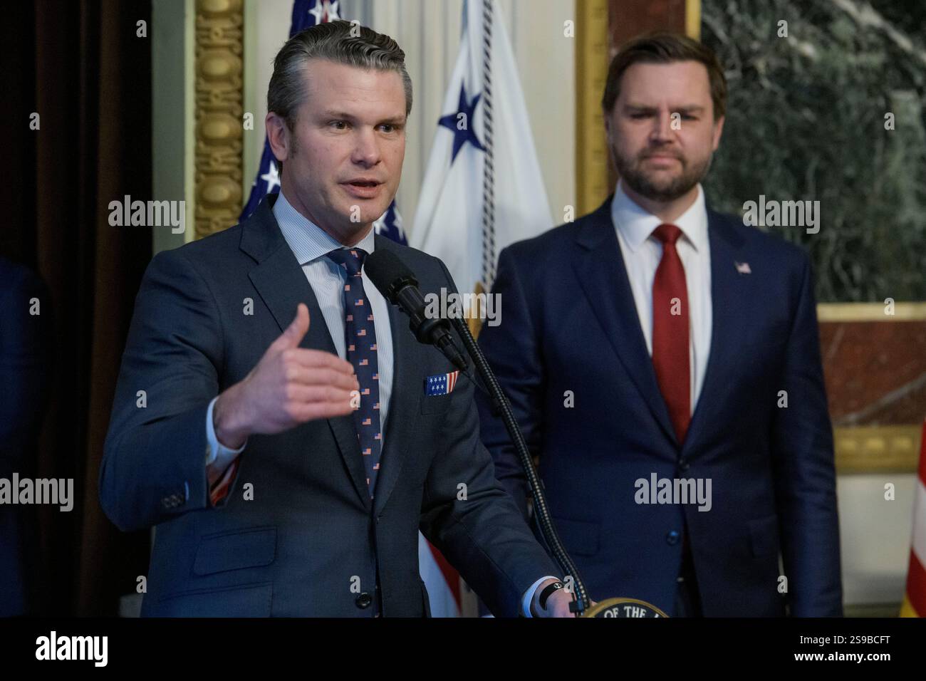Pete Hegseth speaks after being sworn in as Secretary of Defense by ...