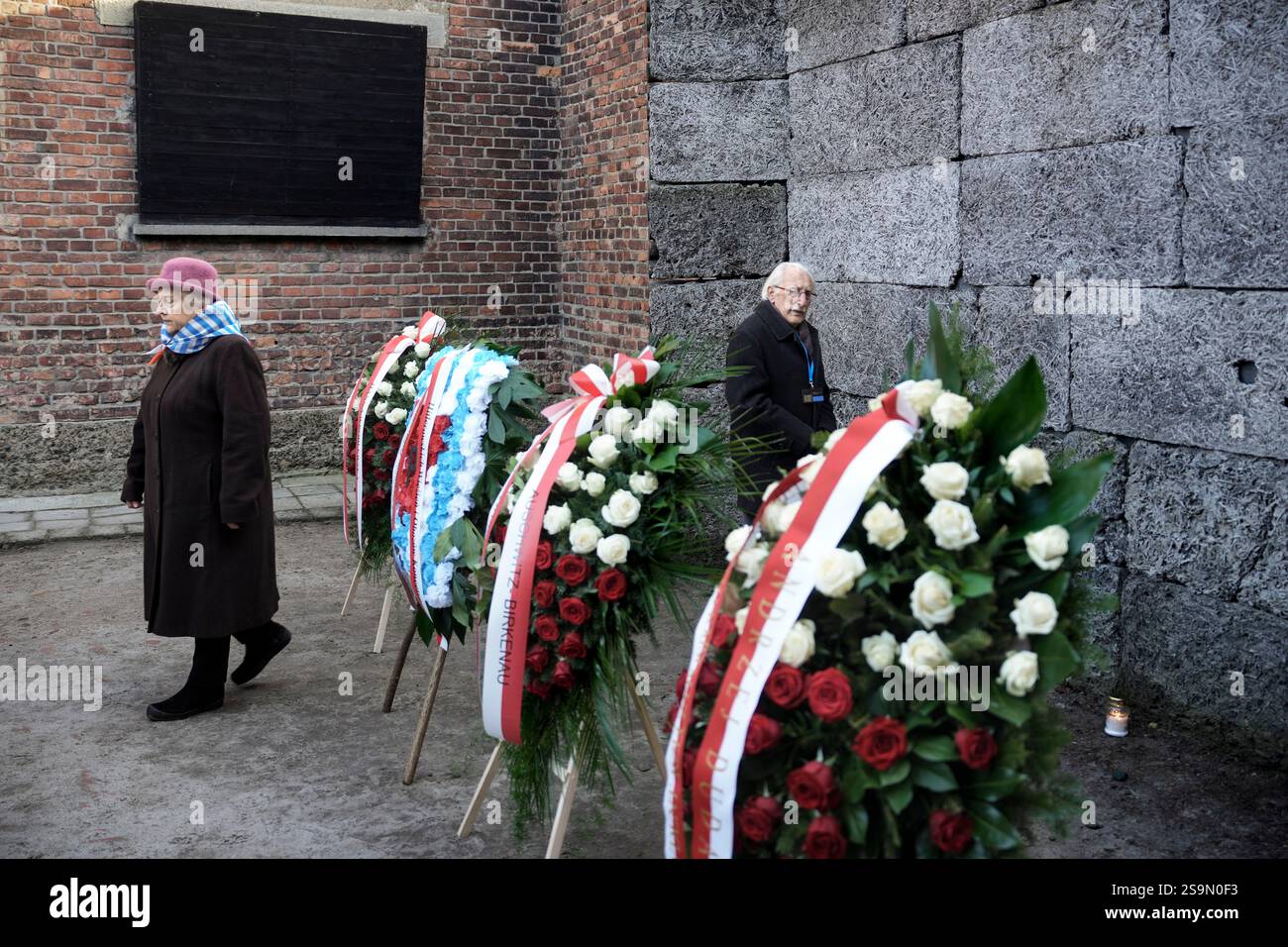 Survivors and relatives walk by the Death Wall at the Auschwitz ...