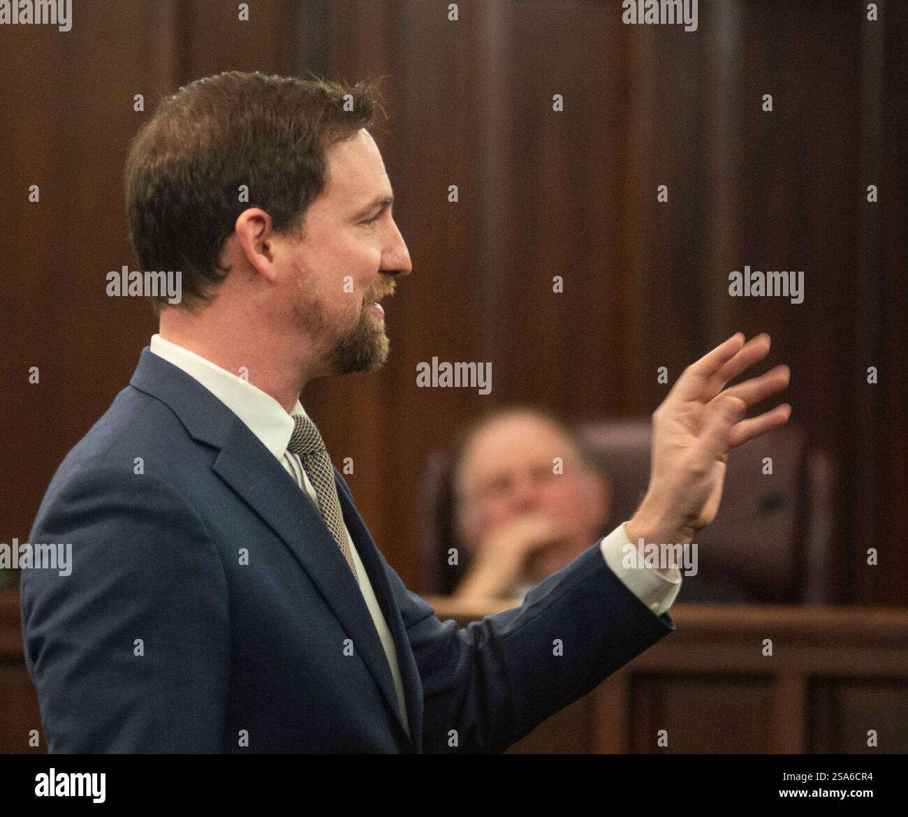 Prosecutor John Fowler makes his opening statement to the jury Tuesday ...
