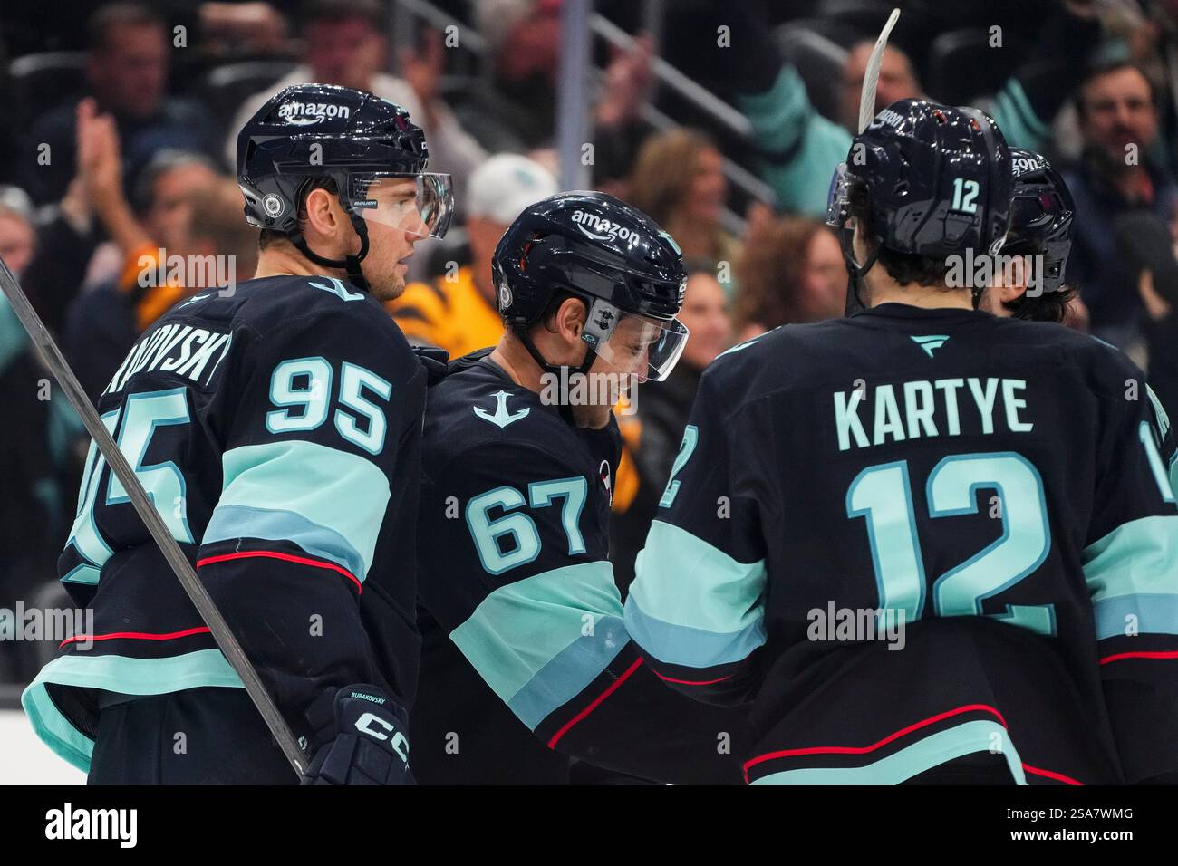 Seattle Kraken center Mitchell Stephens (67) celebrates his goal ...