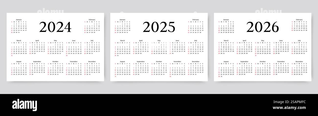 Calendari per 2024, 2025 e 2026 anni. Disposizione dello scomparto o ...