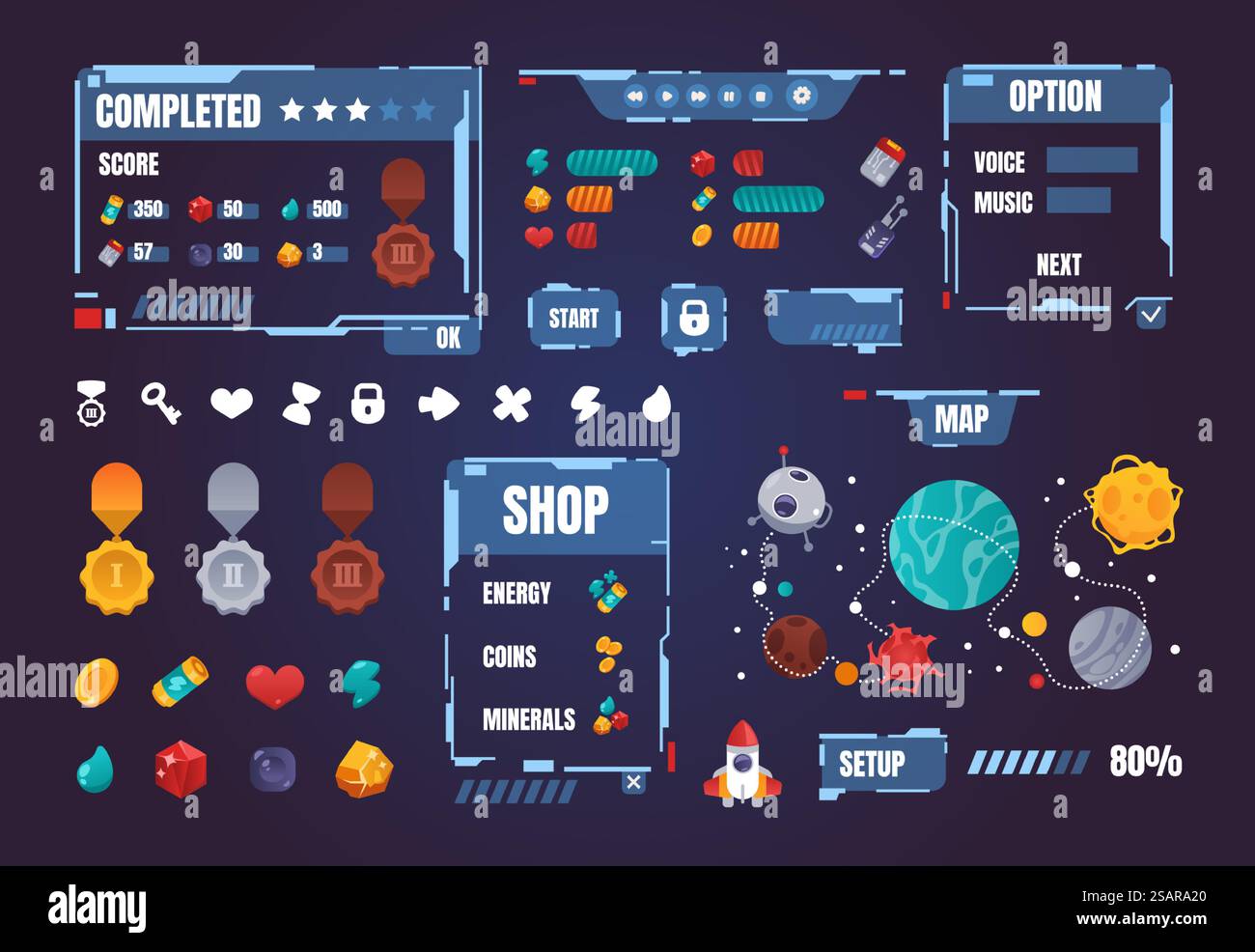 Kit UI di gioco. Elementi del menu interfaccia cartoon. Pulsanti ...