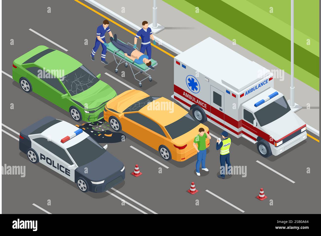 Incidente isometrico con due veicoli. Scena vettoriale isometrica di un ...