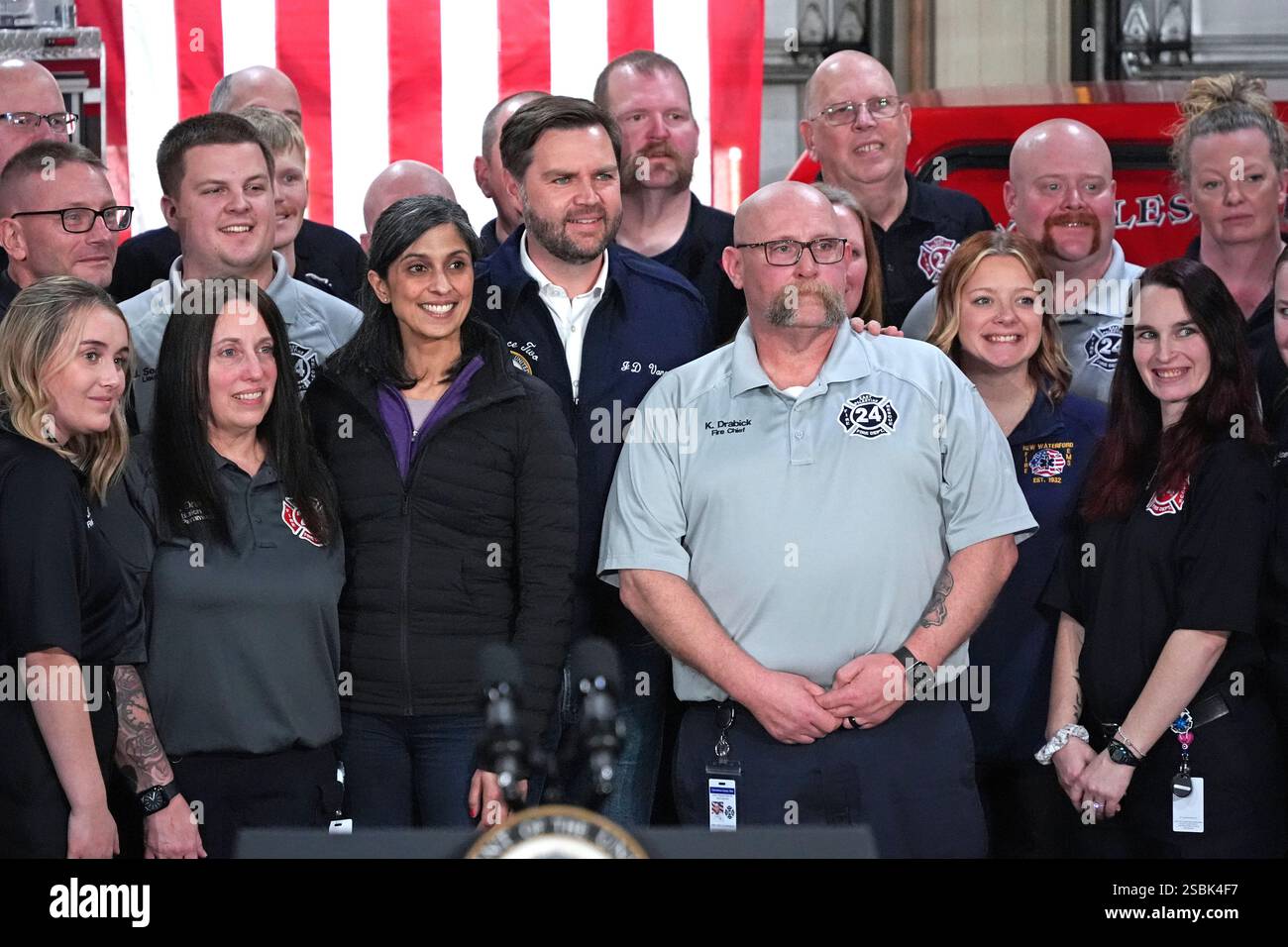 Vice President JD Vance, left center, poses for a group photo with East ...