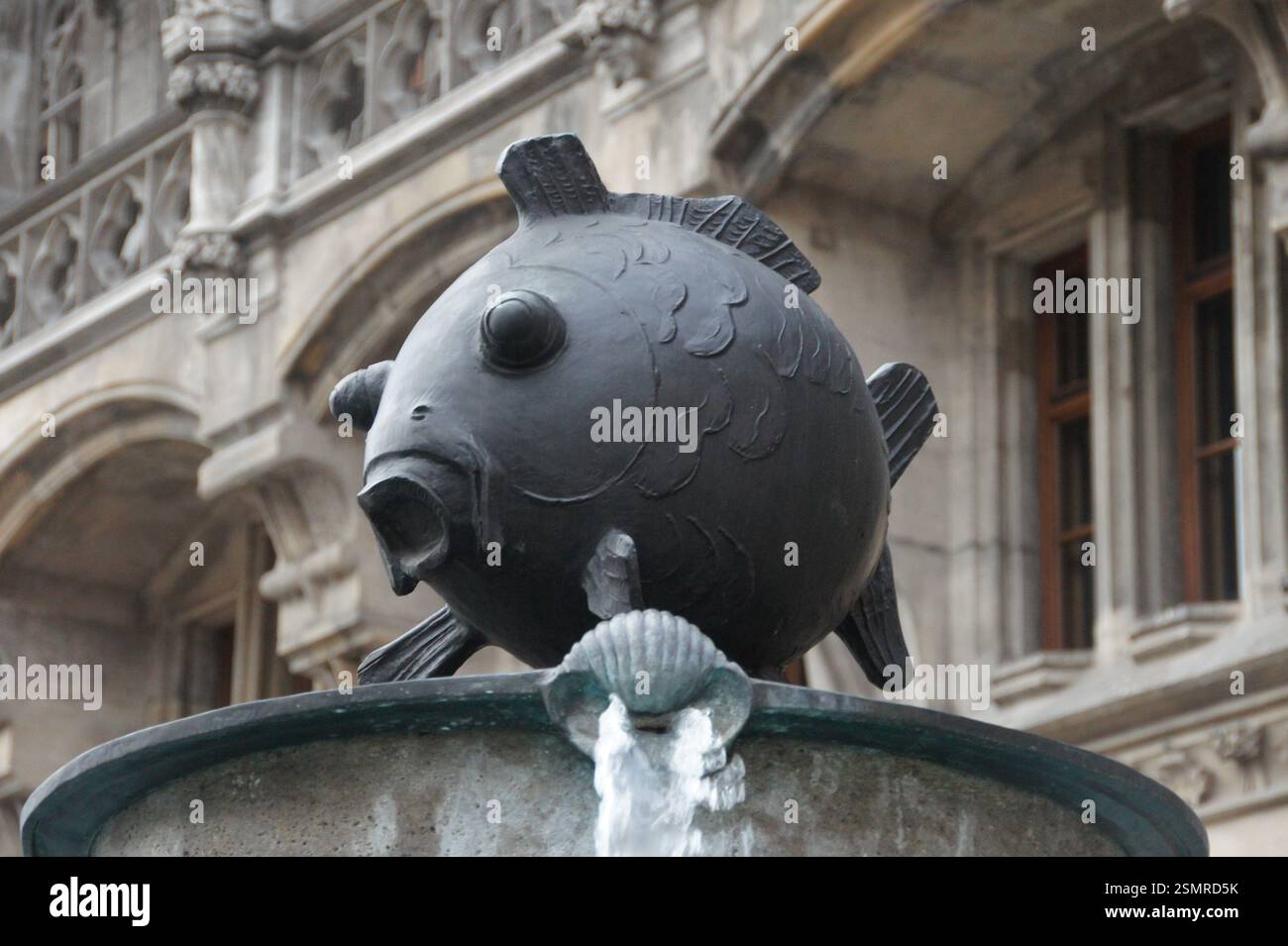 Una fontana ornata con una statua di pesce si erge a Marienplatz ...