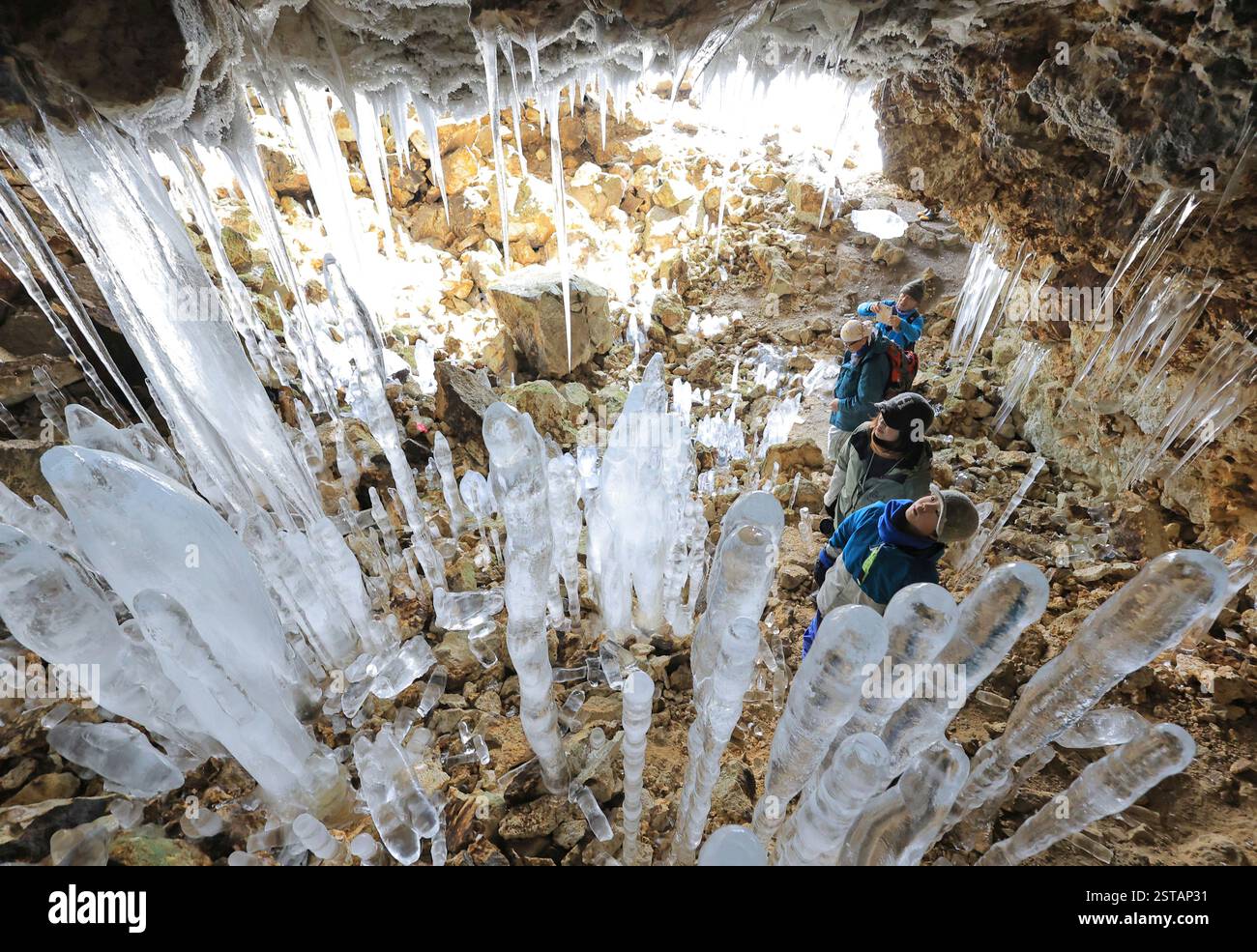 A photo shows an ice stalagmite in Hyakujojiki Cave in Date City, the ...