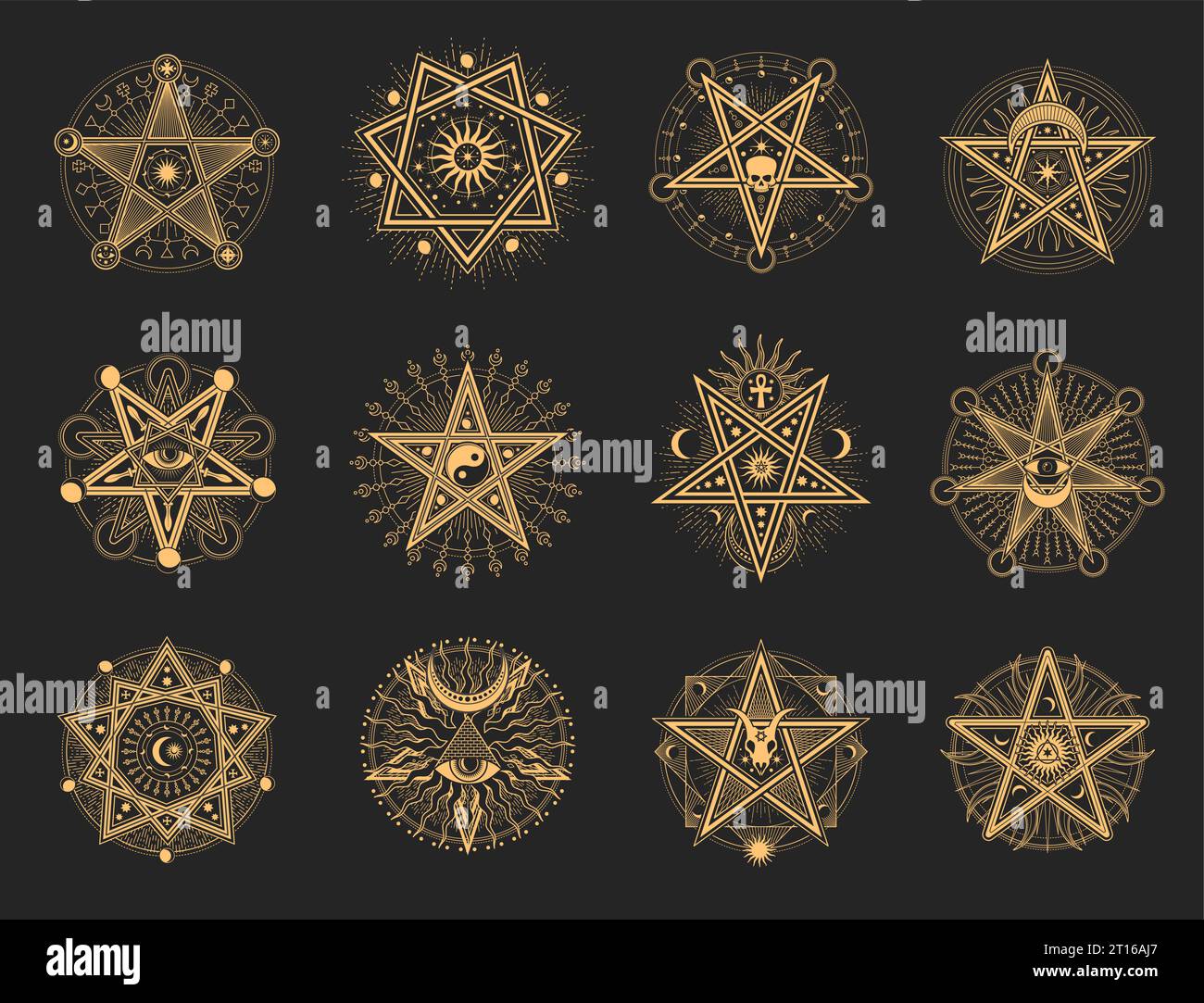 Pentagrammi occulti esoterici, simboli mason o Tarocchi e segni ...