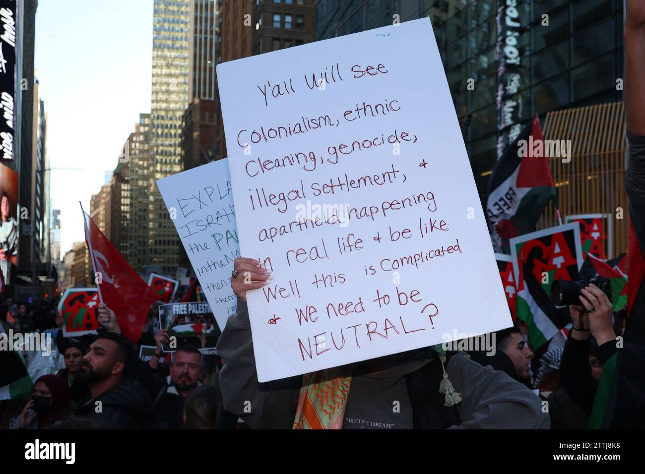 I sostenitori palestinesi tengono segnali di protesta in risposta alla ...