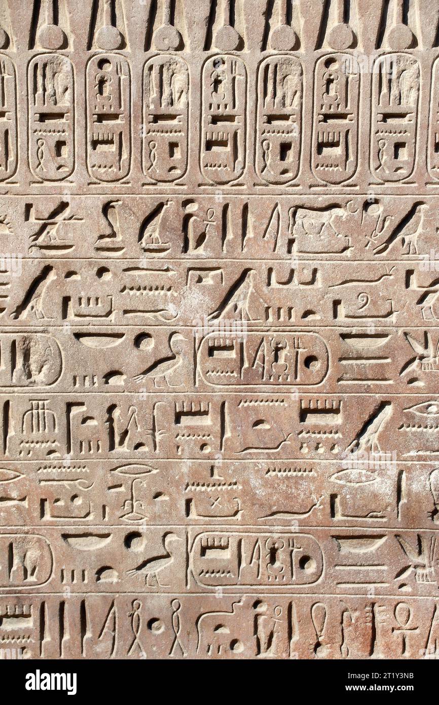 Antichi geroglifici egiziani su parete di pietra, complesso del Tempio ...