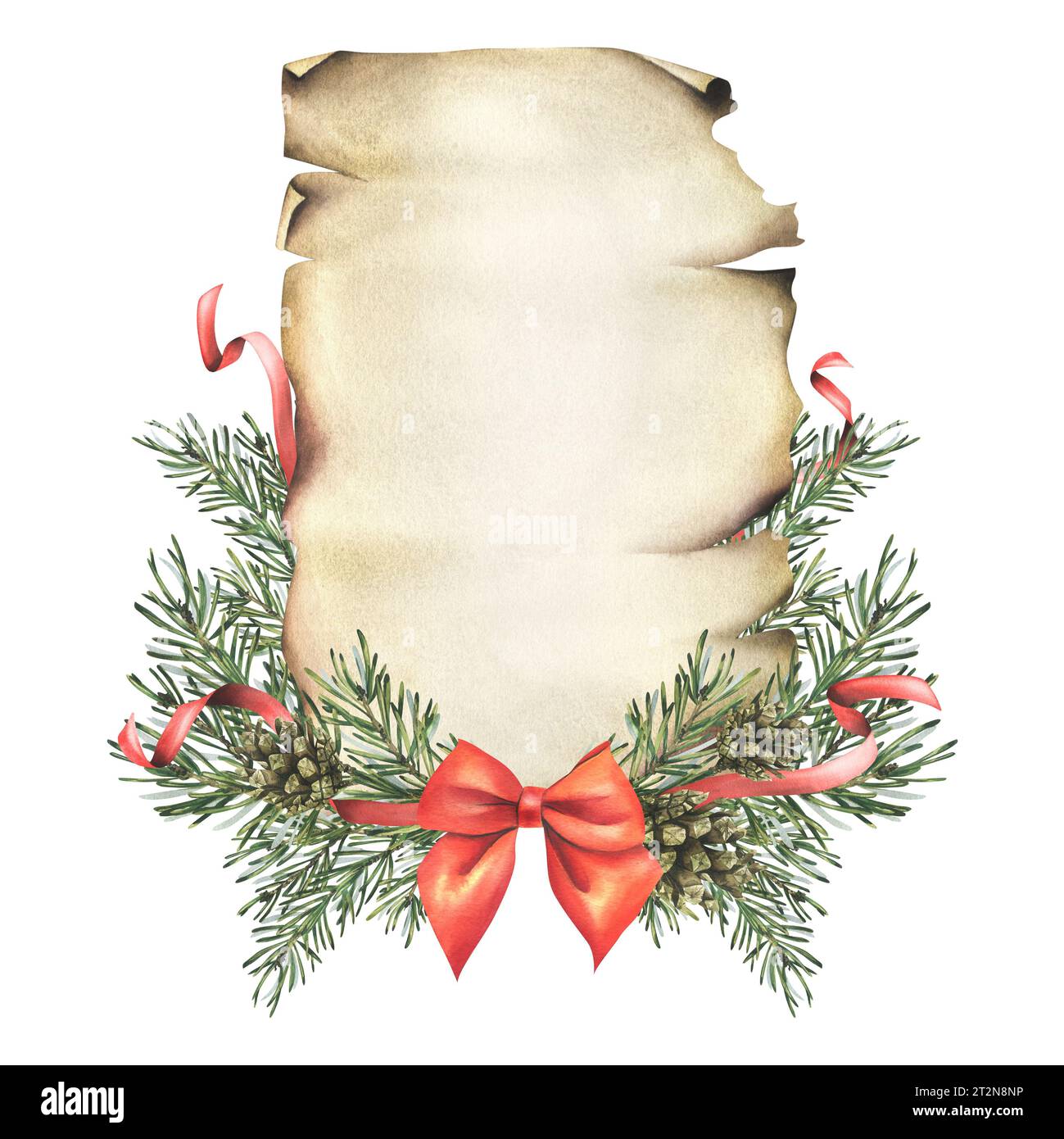 Foglio di carta papiro vintage con rami di pino, coni di pino, fiocco ...