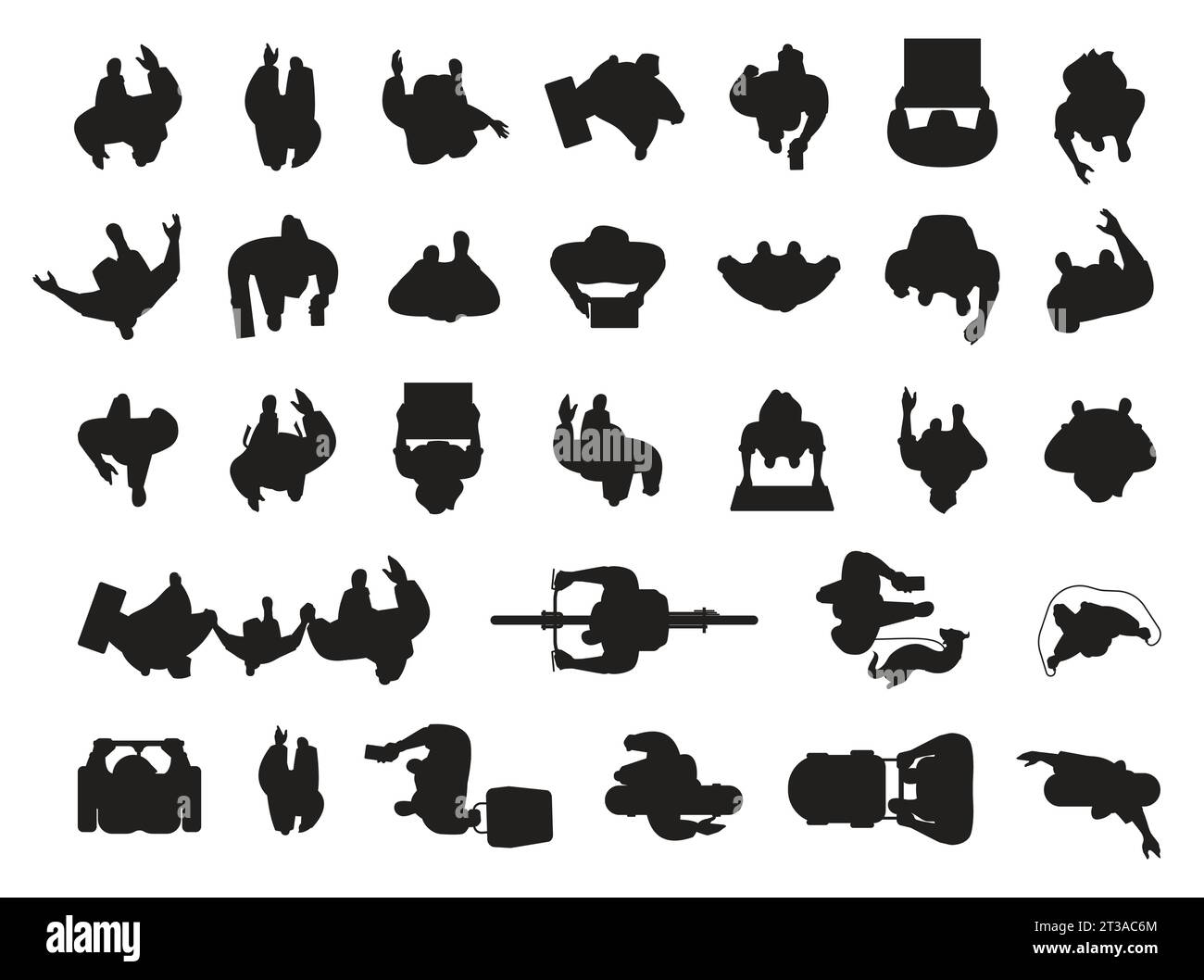 Cornice vista dall'alto persone. Silhouette delle persone, azione maschile e femminile e vista ...