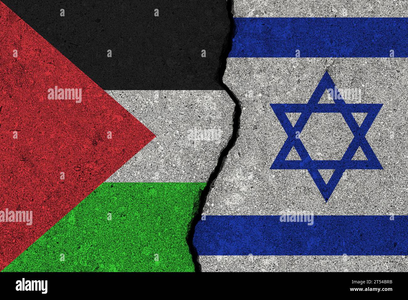 La crepa tra le bandiere di Palestina e Israele sul muro di cemento. Il ...