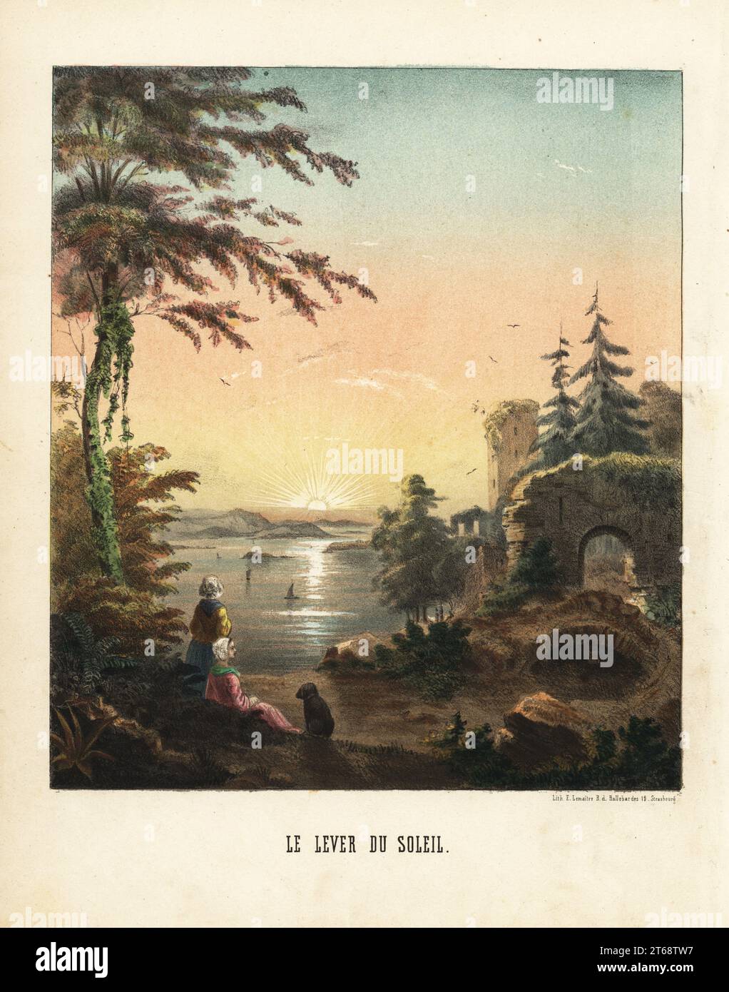 Le donne in calze vicino a un castello in rovina guardano l'alba su un ...