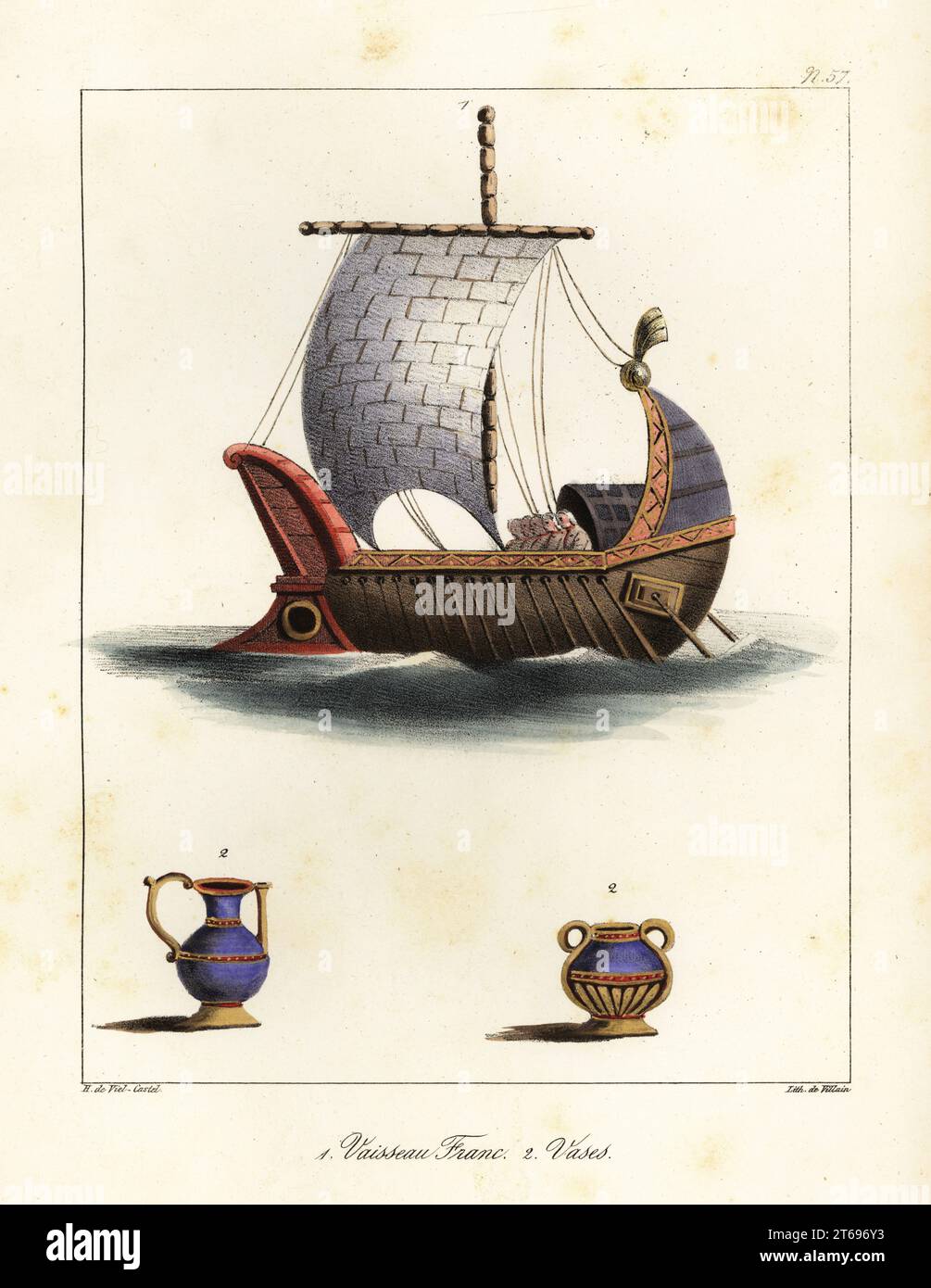 Nave Frankish con ram navale, albero con vela e rigging, vogatori e ...