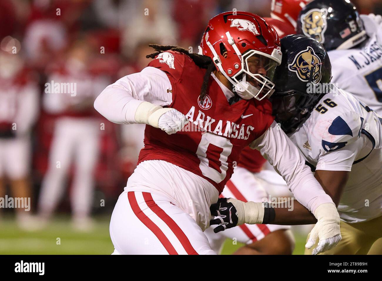 18 novembre 2023: Il defensive lineman dell'Arkansas Nico Davillier n ...