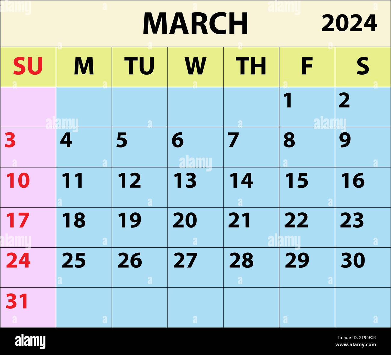 Calendario del mese DI MARZO 2024 disegno del calendario dell ...