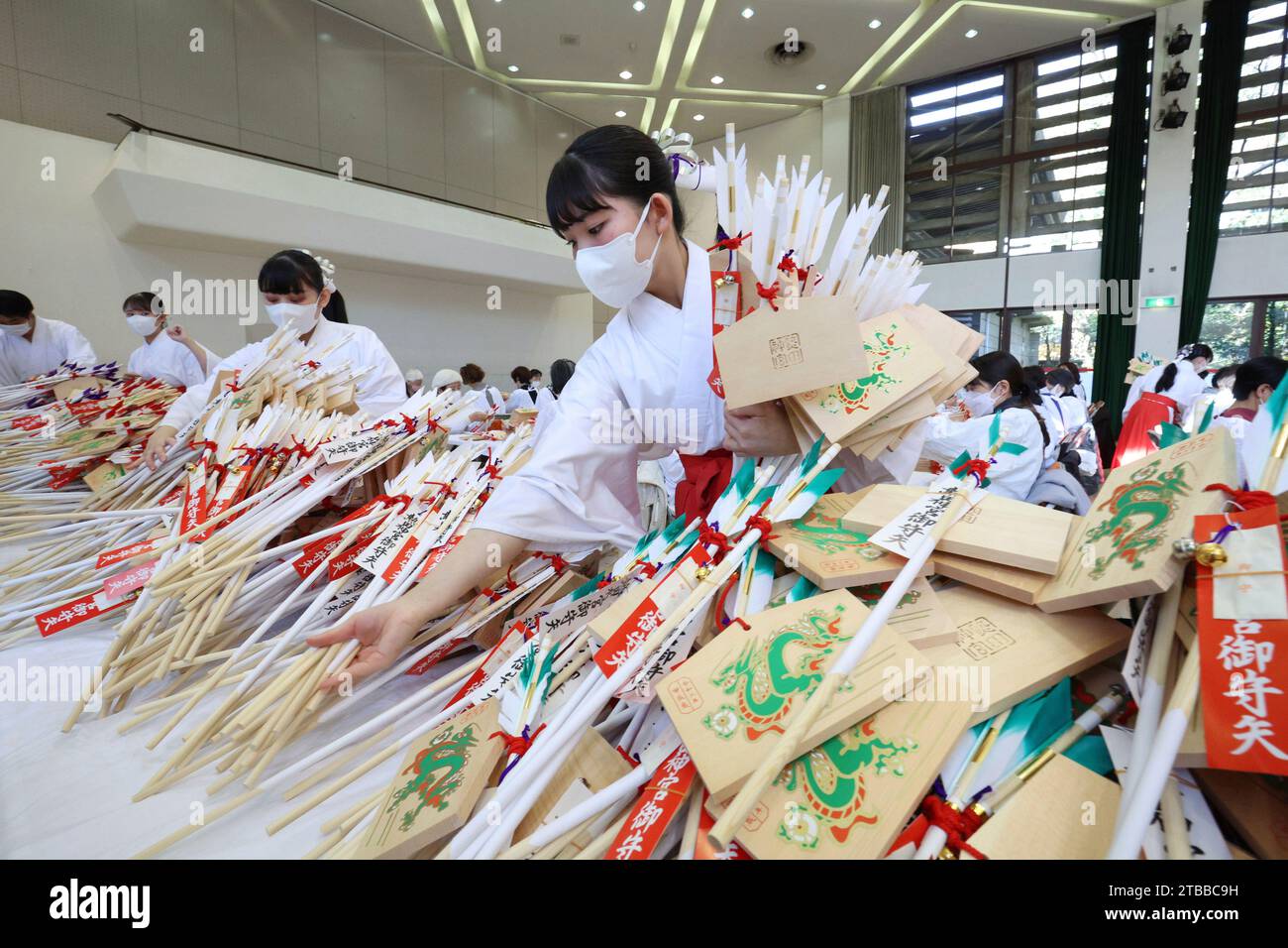 Lots of Hamaya are made by shrine maidens at Atsuta Shrine in Nagoya City, Aichi Prefecture on ...