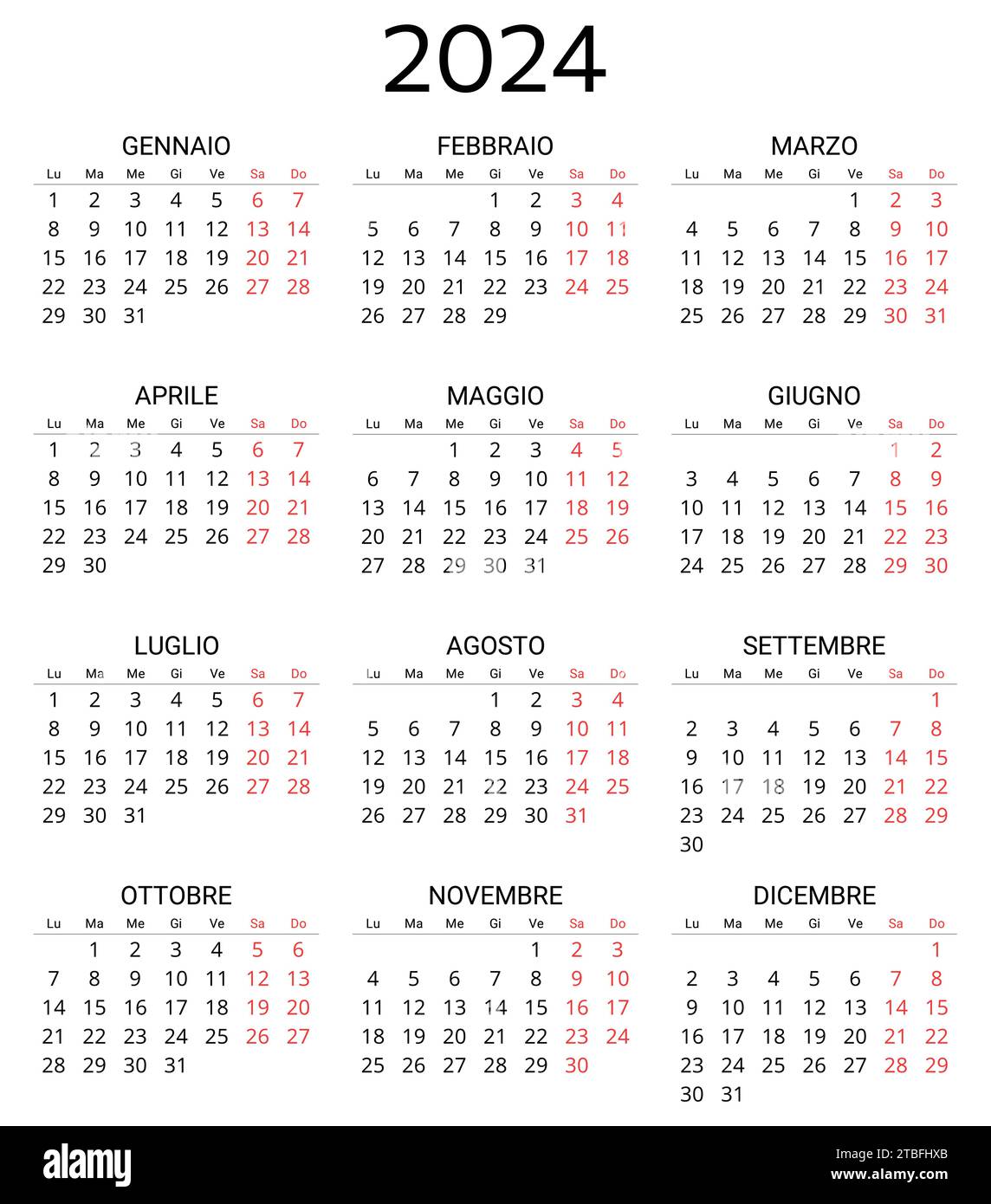 calendario italiano 2024. Illustrazione vettoriale stampabile e ...