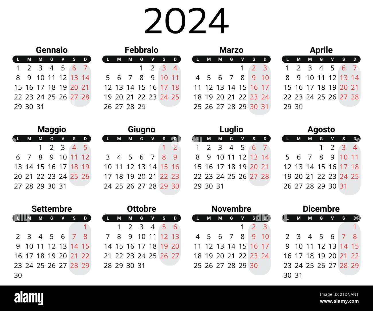 Calendario ITALIANO per il 2024. Illustrazione vettoriale stampabile e ...
