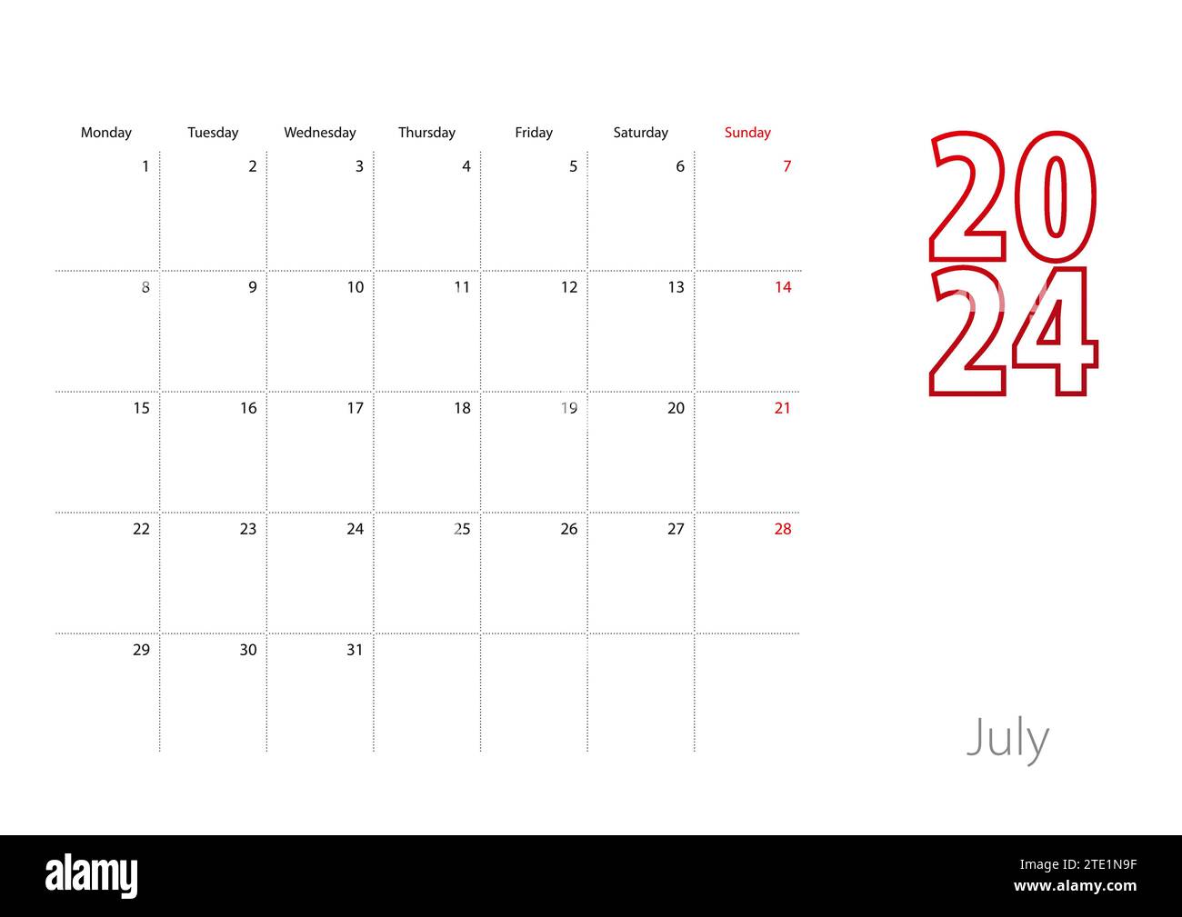 Calendario per luglio 2024 con design moderno, modello di planner ...