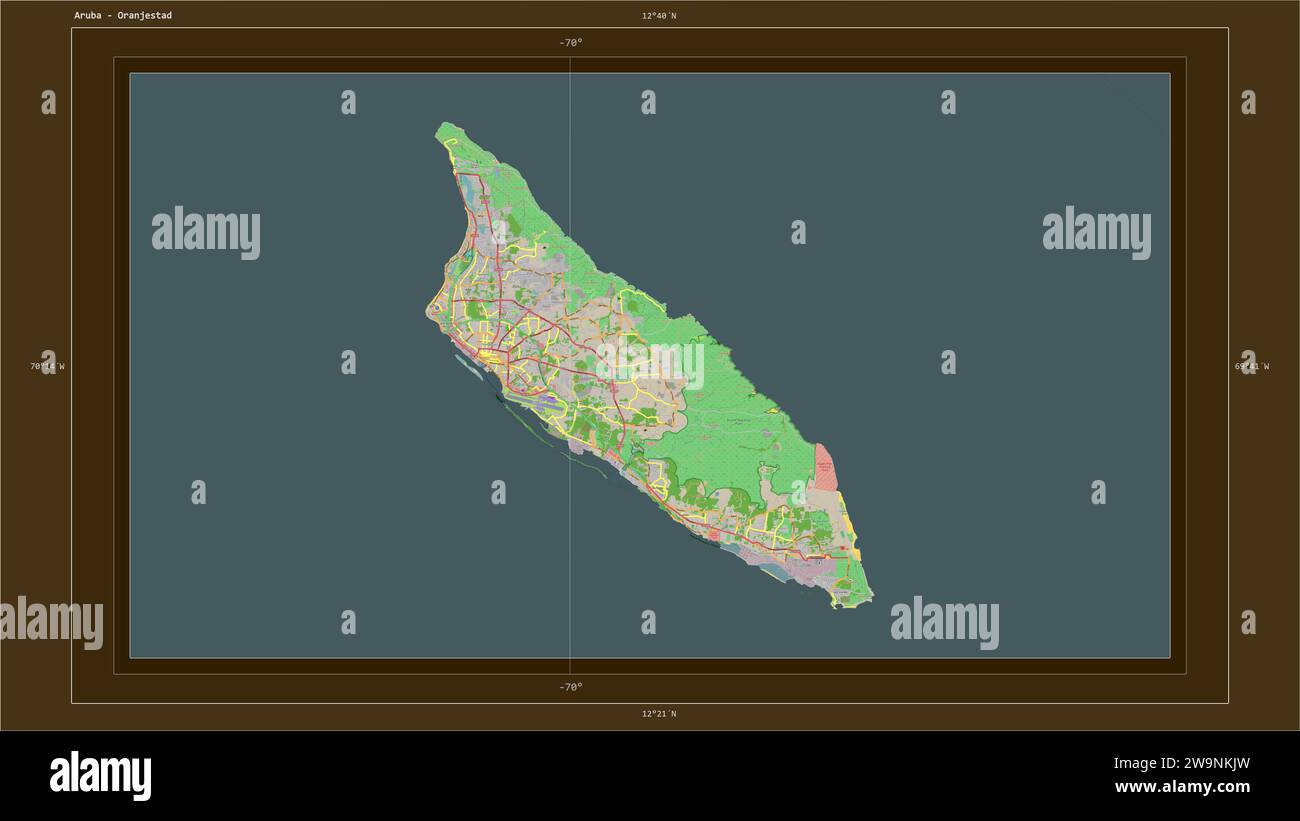 Aruba è evidenziata su una mappa topografica in stile OSM France con la ...