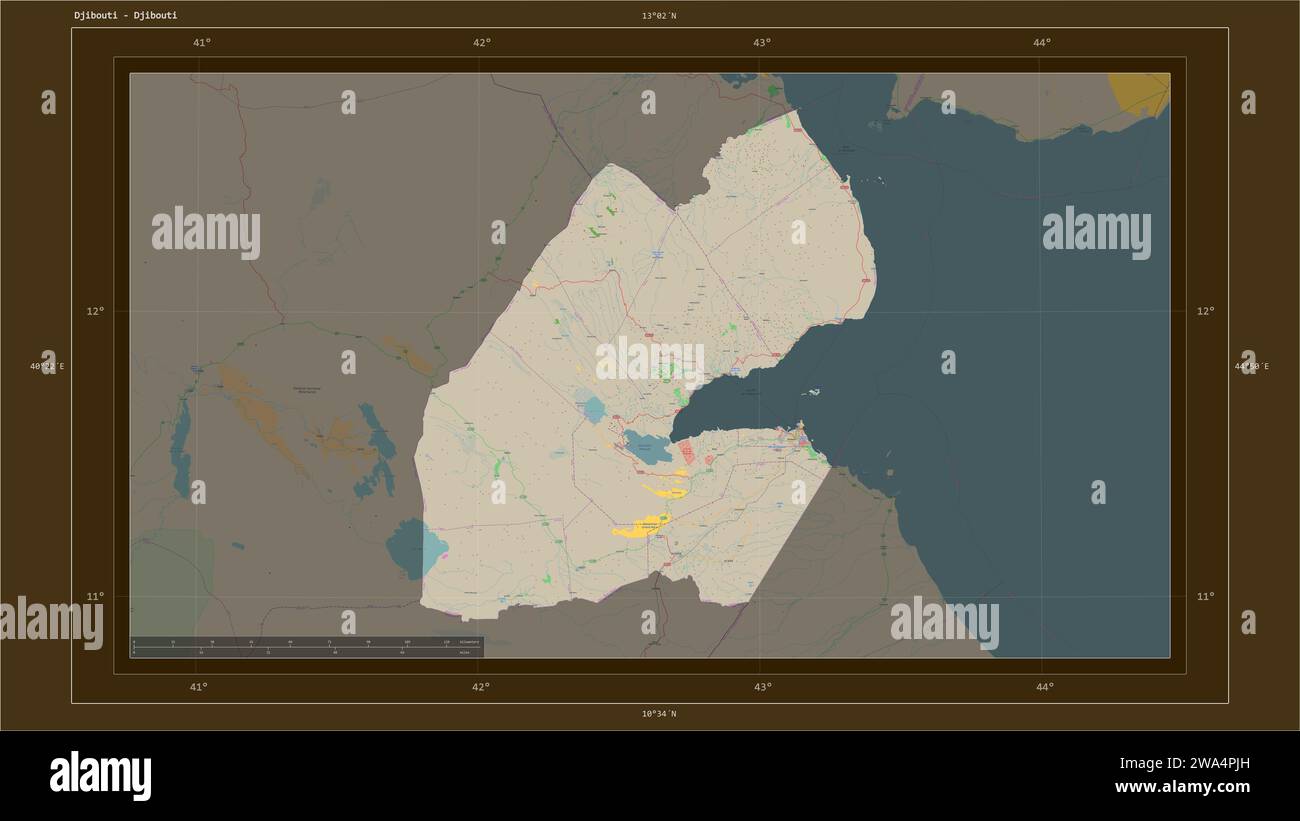 Gibuti è evidenziata su una mappa topografica in stile OSM France con ...