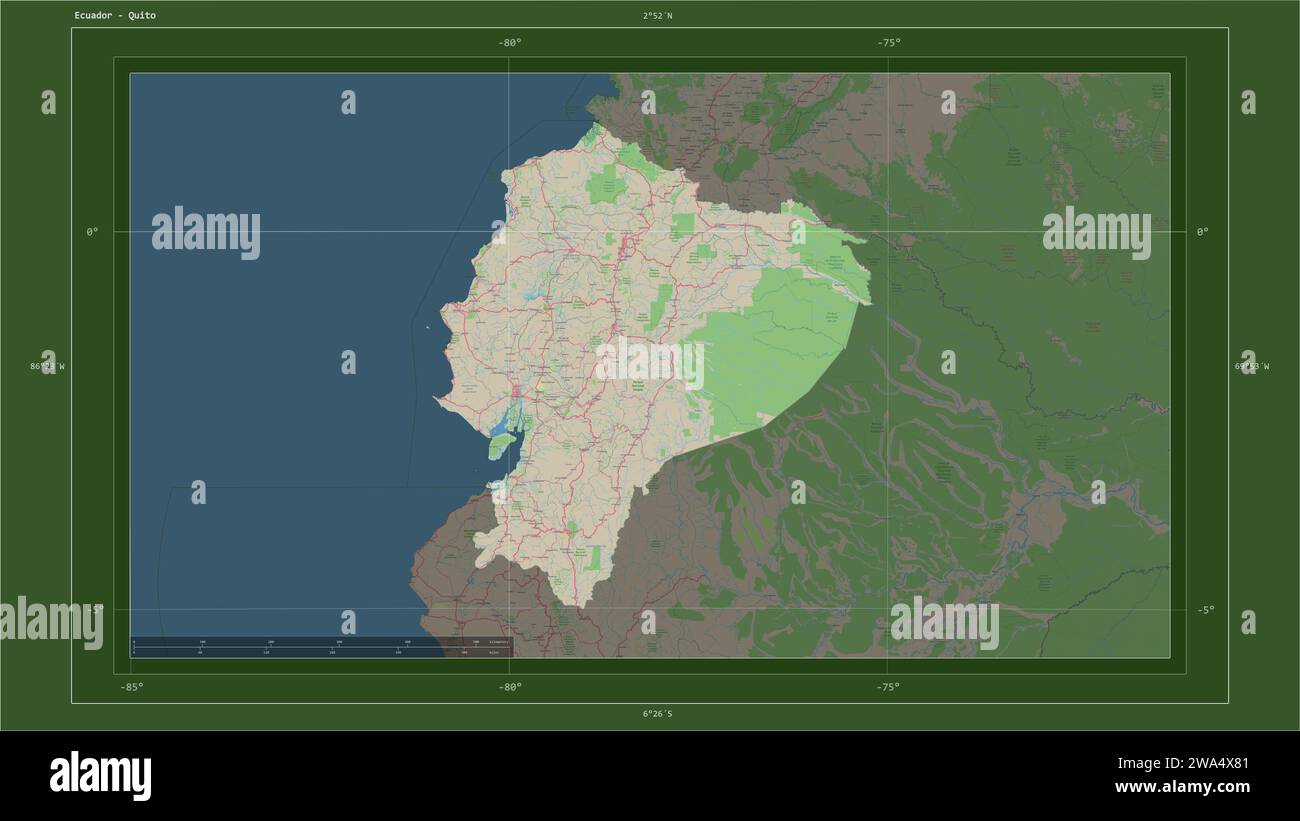 Ecuador evidenziato su una mappa topografica in stile OSM Germania con ...