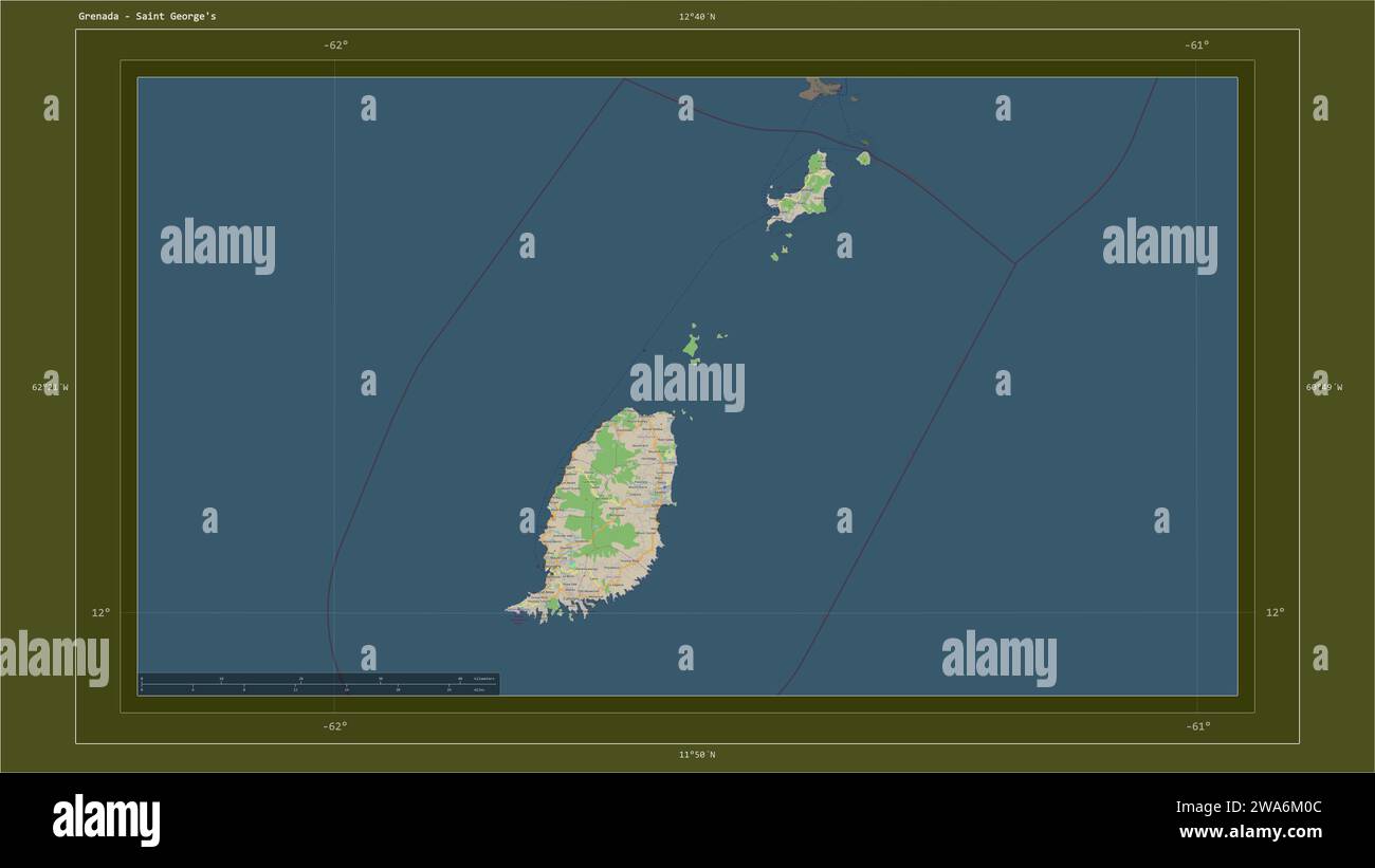 Grenada è evidenziata su una mappa topografica in stile standard OSM ...