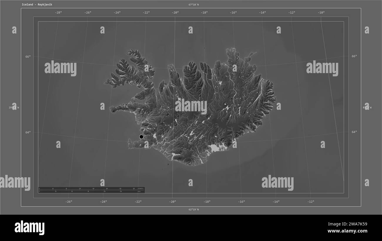L'Islanda è evidenziata su una mappa di elevazione in scala di grigi ...