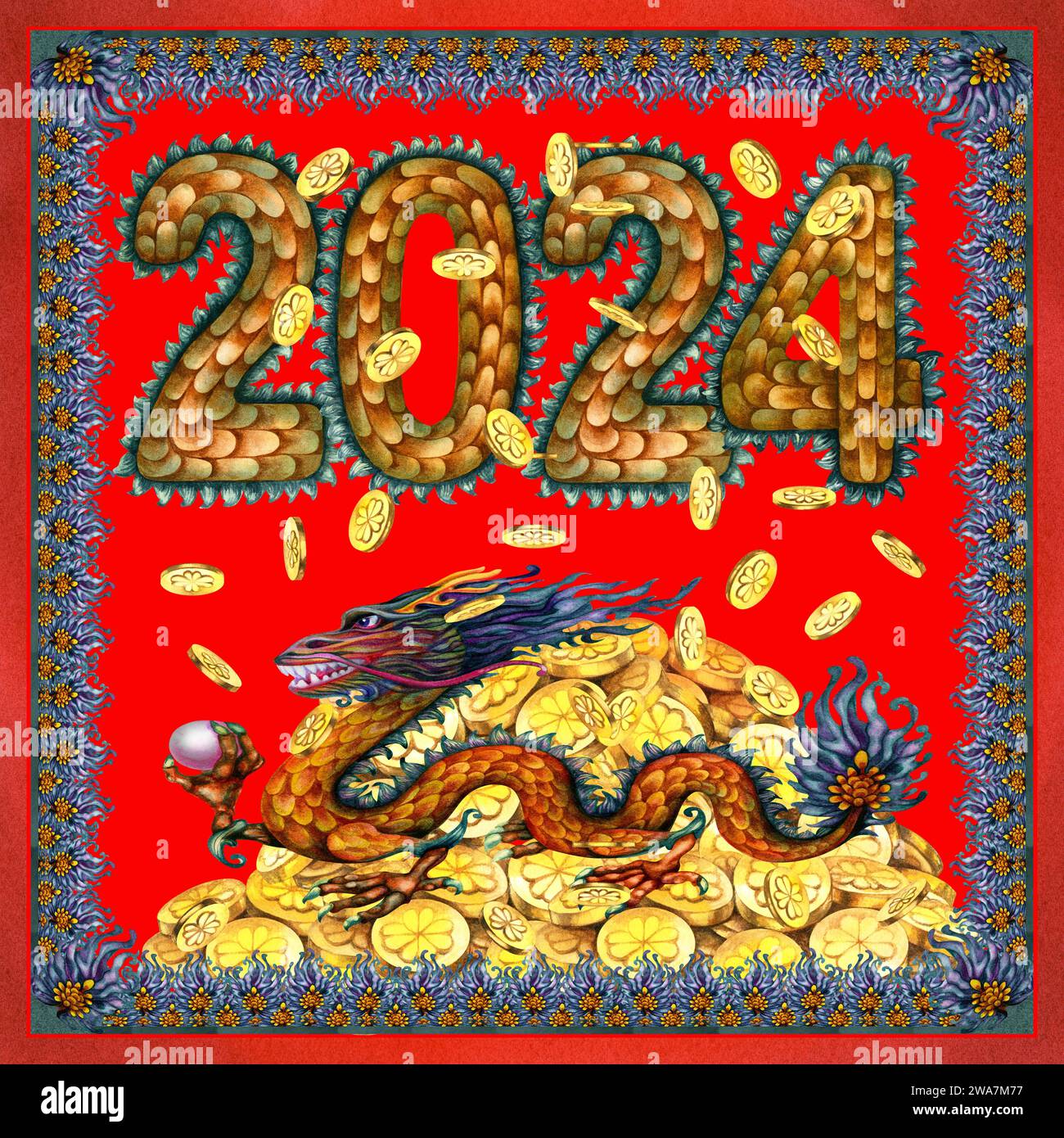 Drago in legno verde acquerello con perla magica, monete d'oro con ...