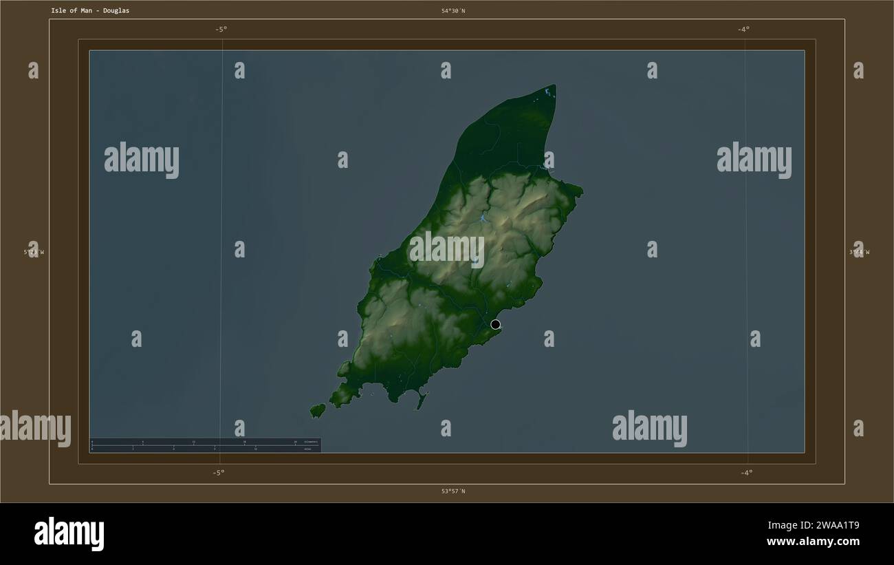 Isola di Man evidenziata su una mappa colorata di altitudine con mappa ...