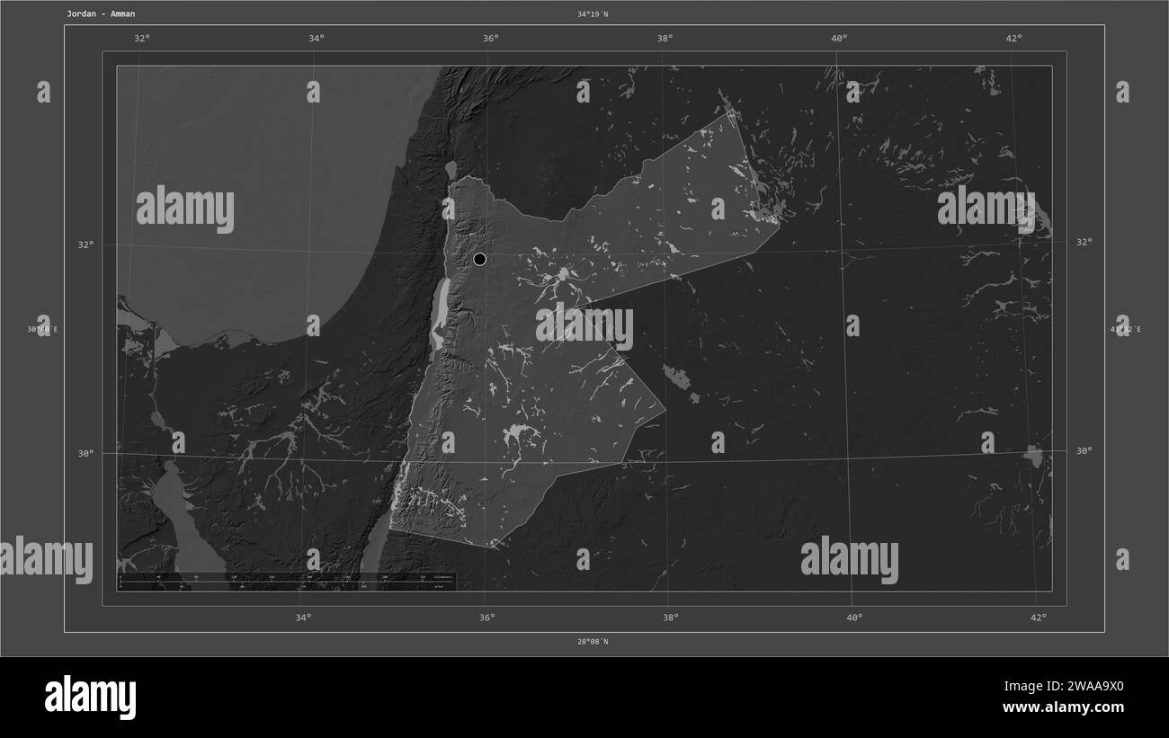 La Giordania è evidenziata su una mappa di elevazione Bilevel con laghi ...