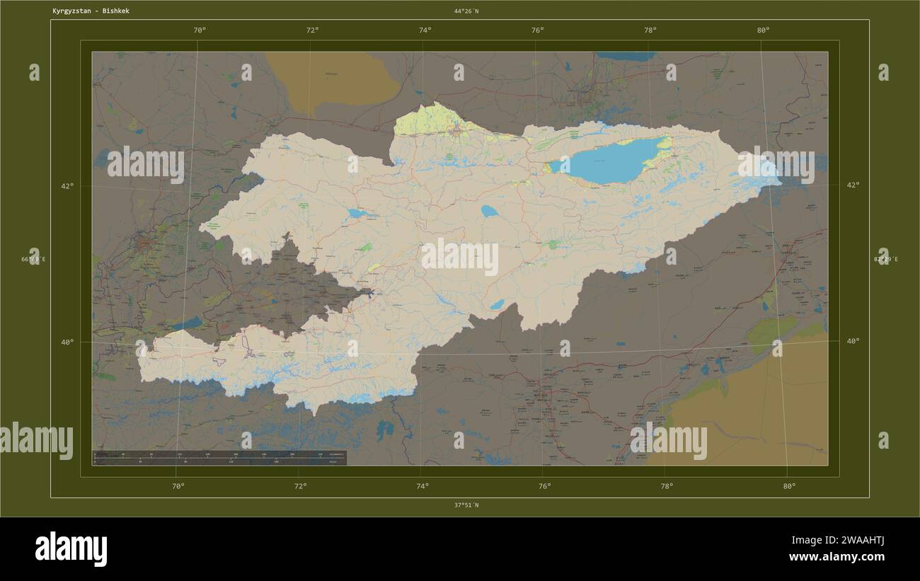 Il Kirghizistan è evidenziato su una mappa topografica in stile ...