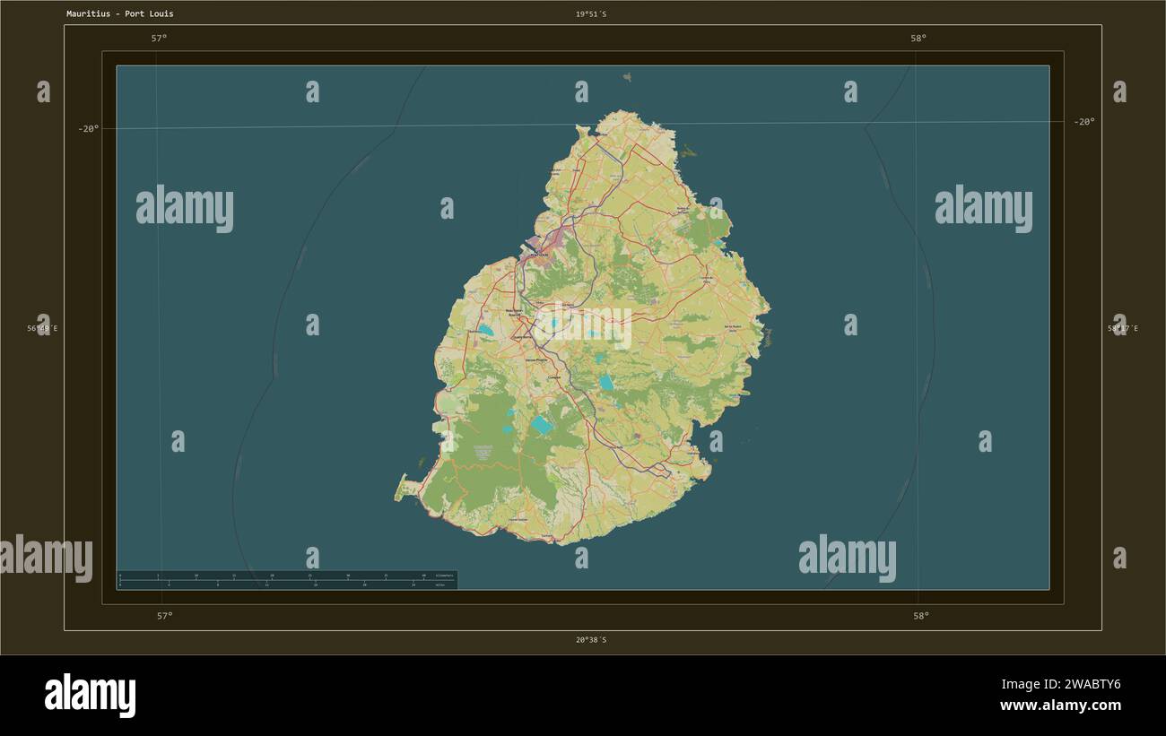 Mauritius evidenziata su una mappa topografica in stile umanitario OSM ...