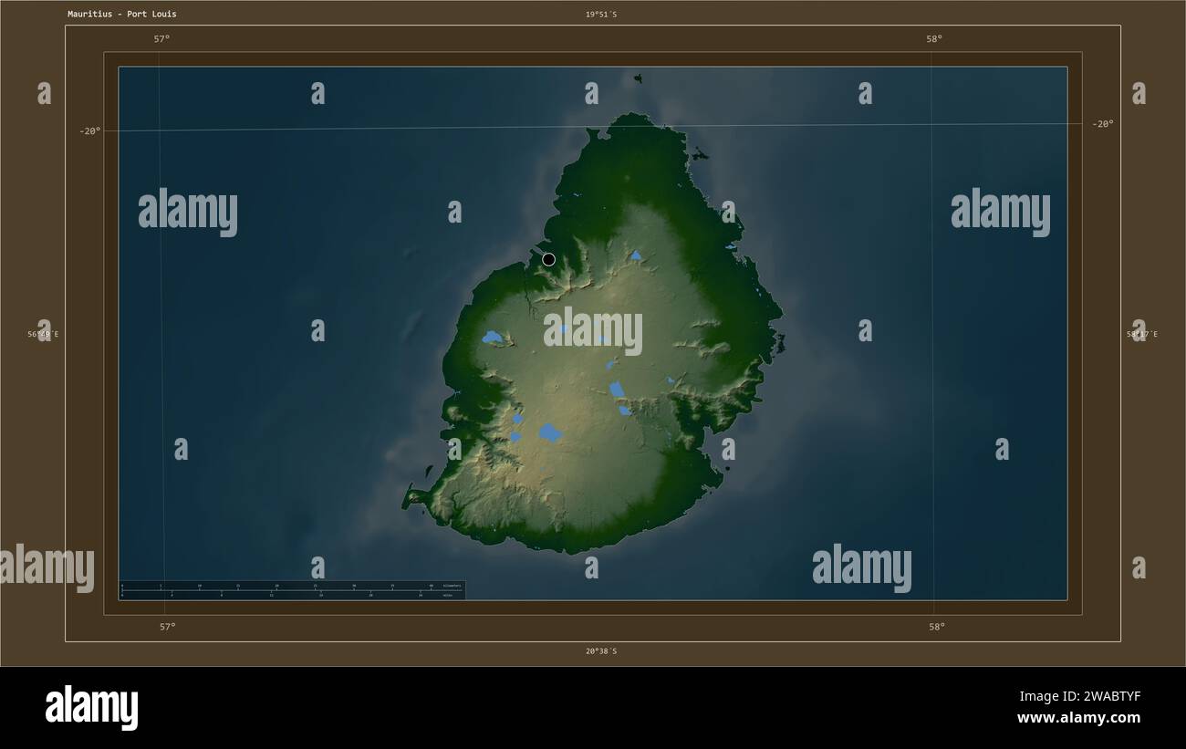 Mauritius è evidenziata su una mappa colorata di elevazione con mappa ...