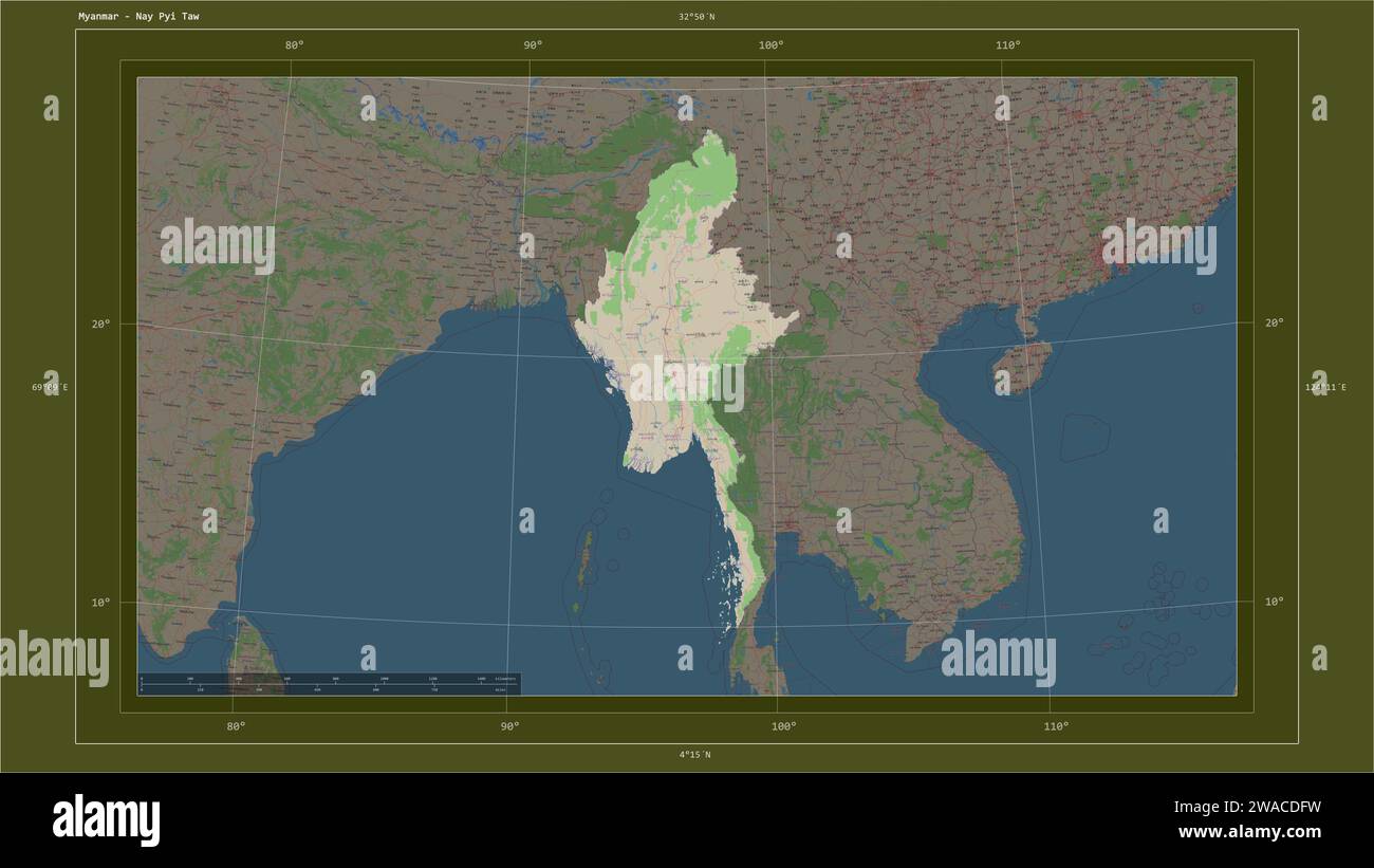 Myanmar evidenziata su una mappa topografica in stile standard OSM con ...