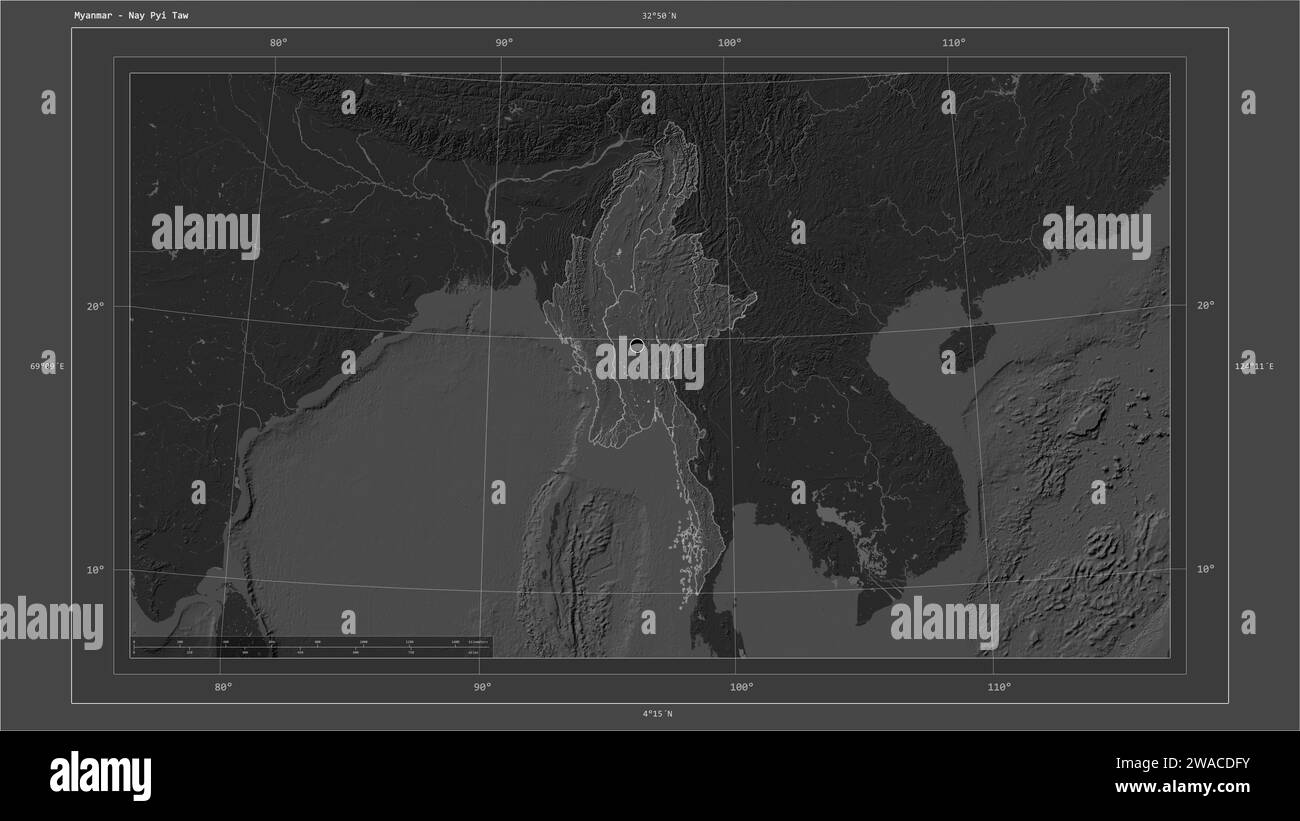 Myanmar evidenziata su una mappa di elevazione a Bilevel con mappa di ...